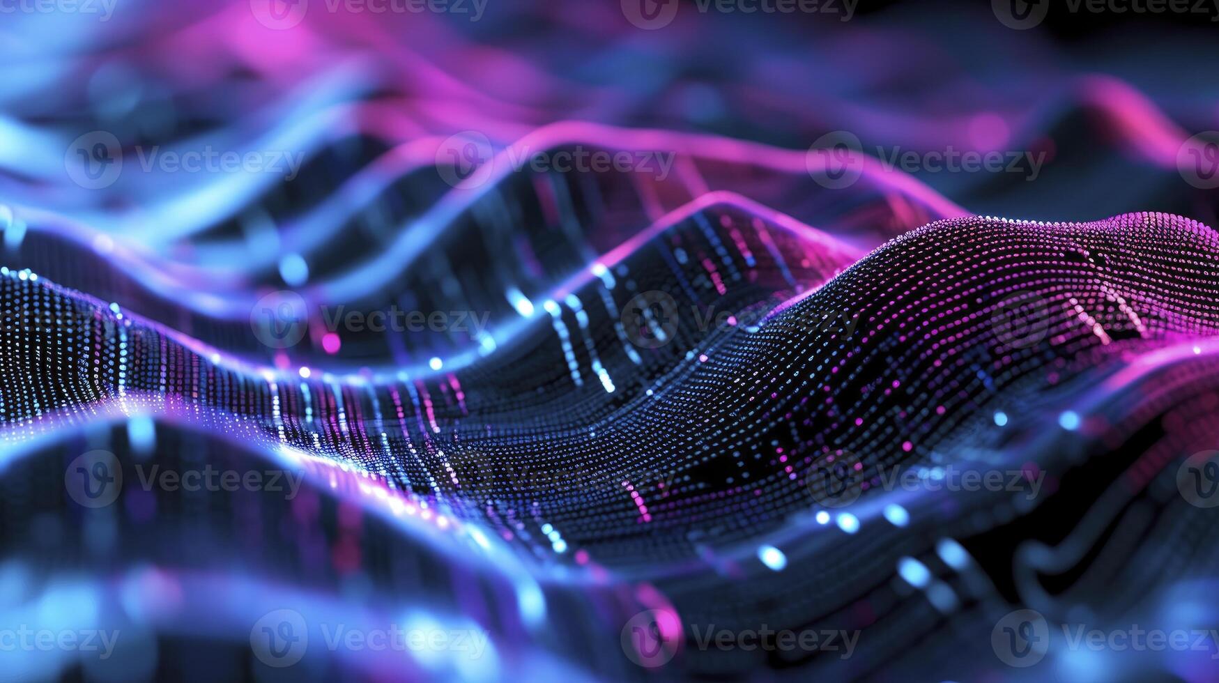 AI generated Binary code digit abstract background, wavy lines, azure blue and purple, black ...