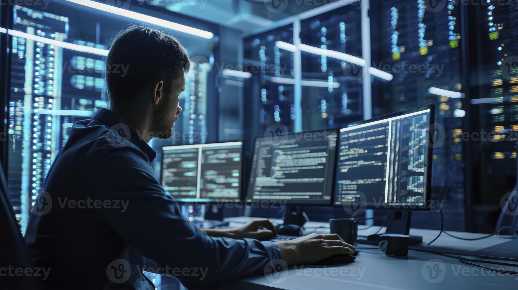 AI generated Professional Programer Working in Data Center on Desktop Computer with Three ...