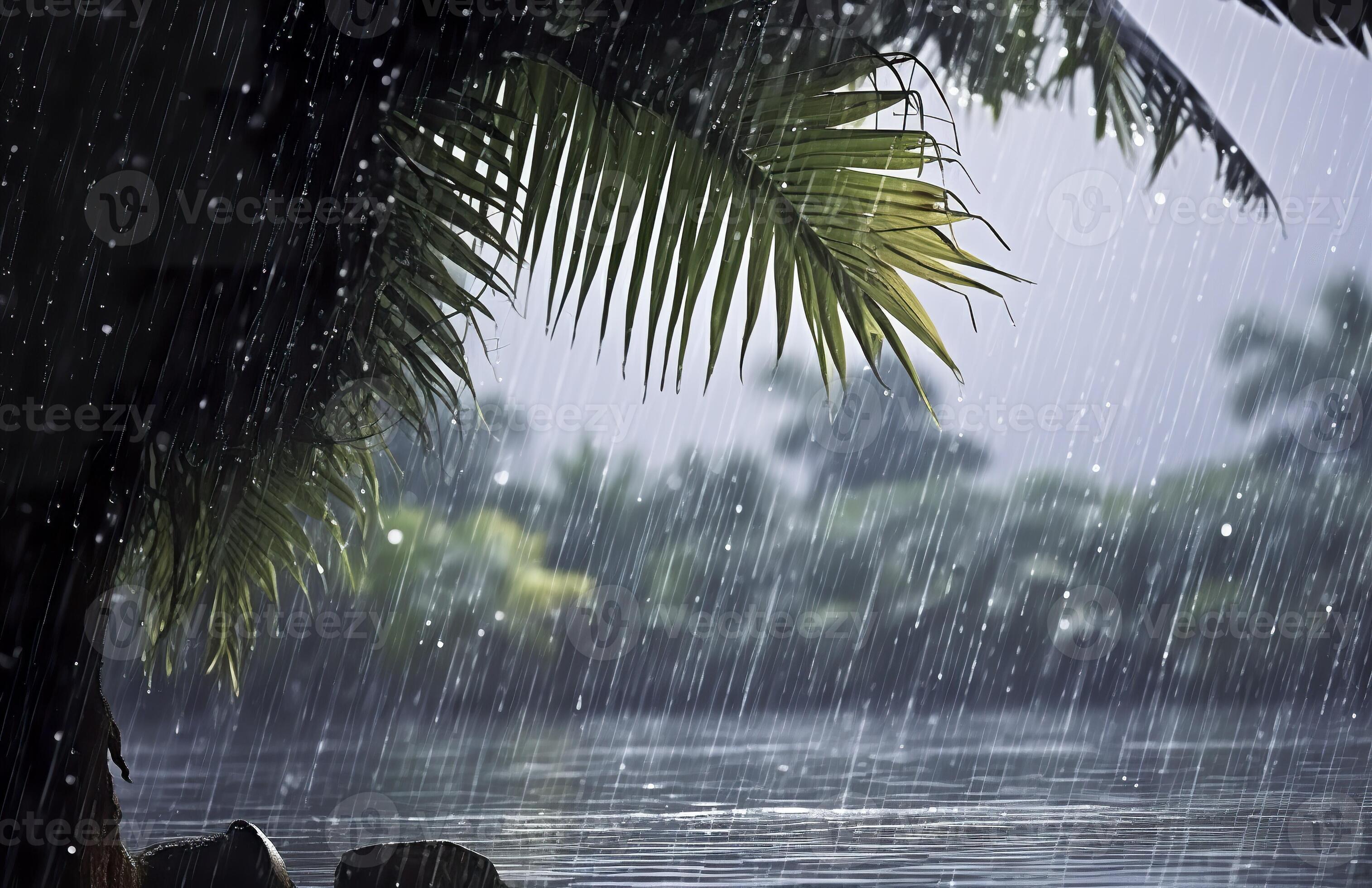 AI generated Rain in the tropics during the low season or monsoon season. Raindrops in a garden ...