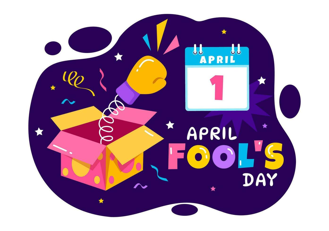 Happy April Fools Day Celebration Illustration Wearing A Jester Hat And A Box Containing