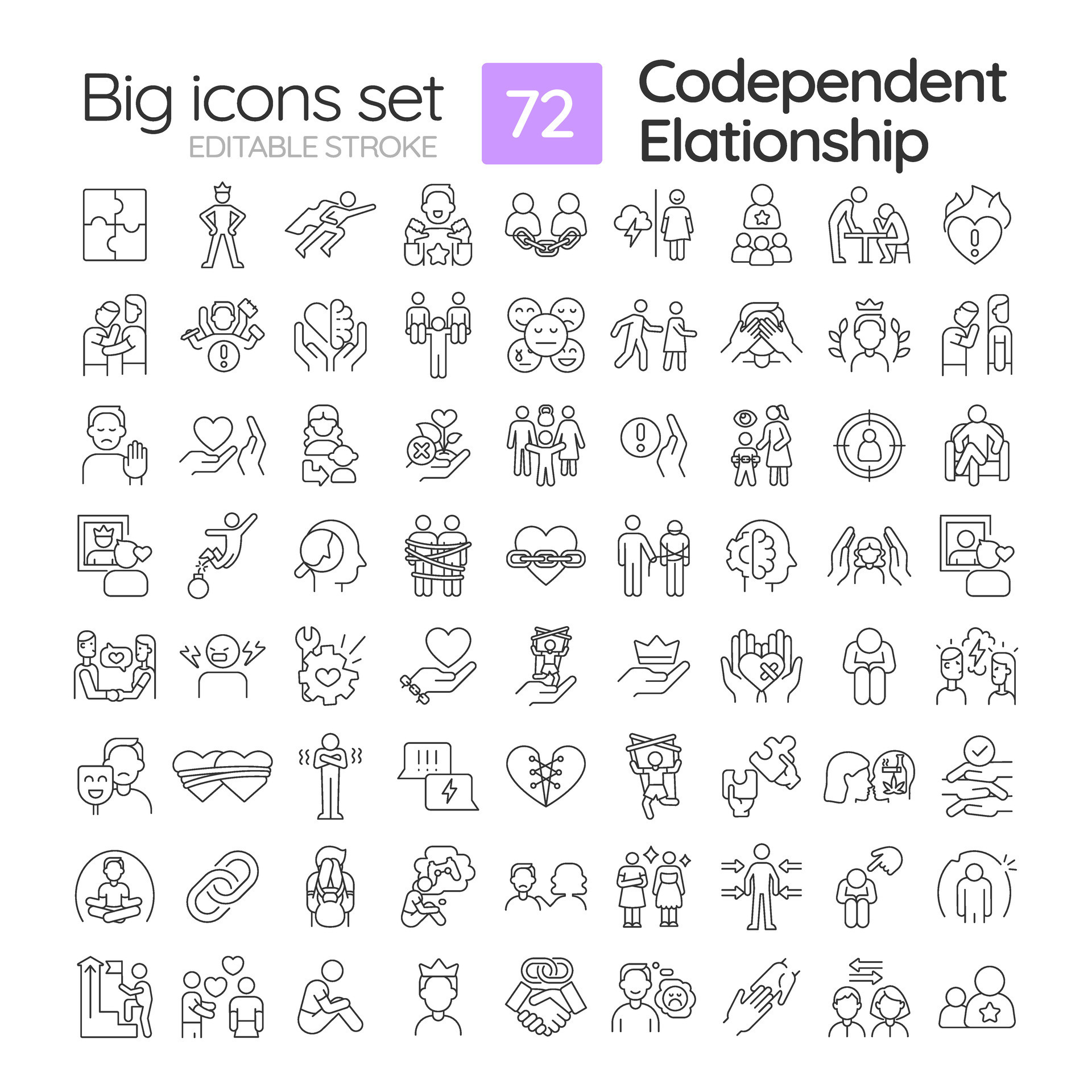 2d Editable Black Thin Line Big Icons Set Representing Codependent Relationship Isolated Vector