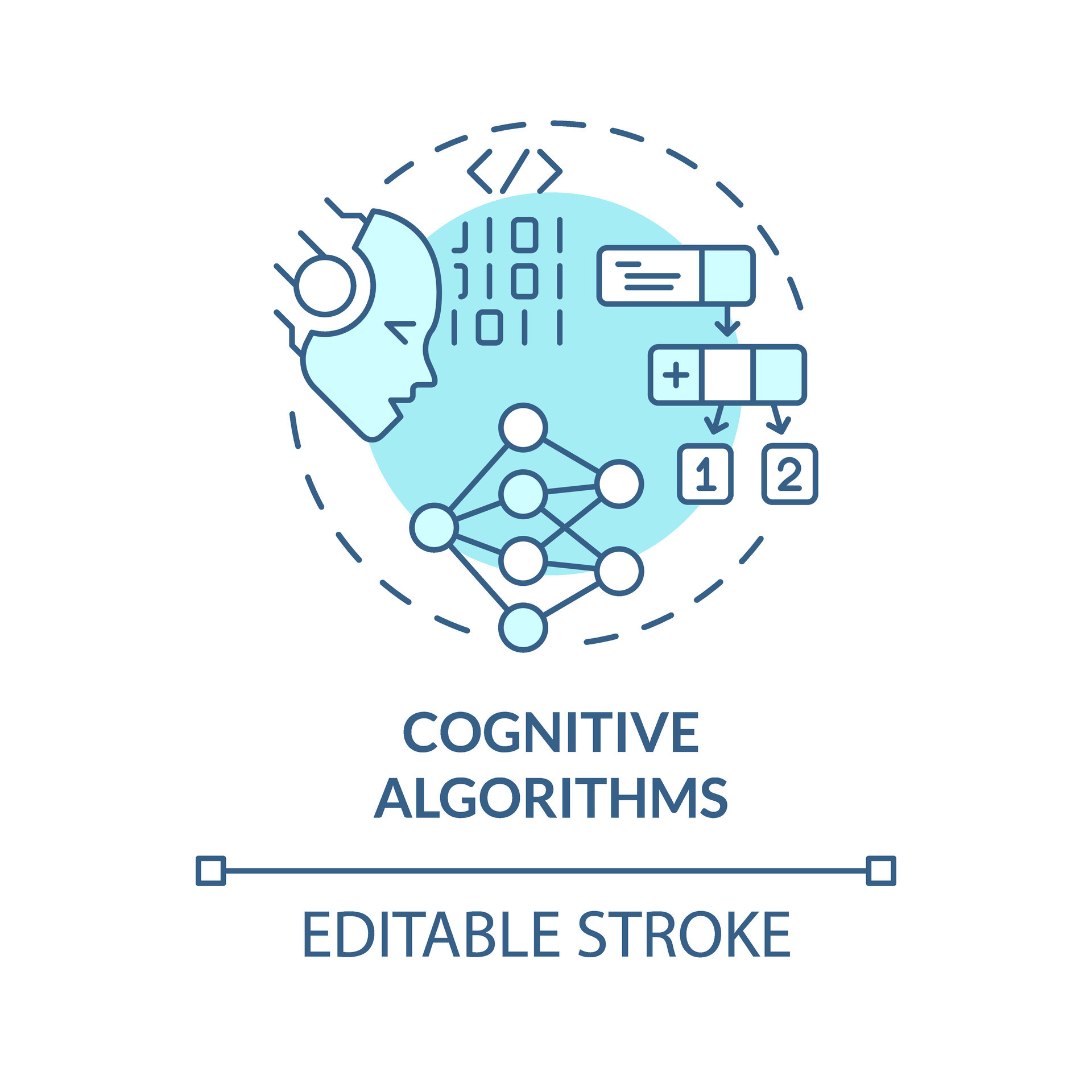 2D editable blue cognitive algorithms icon, monochromatic isolated ...
