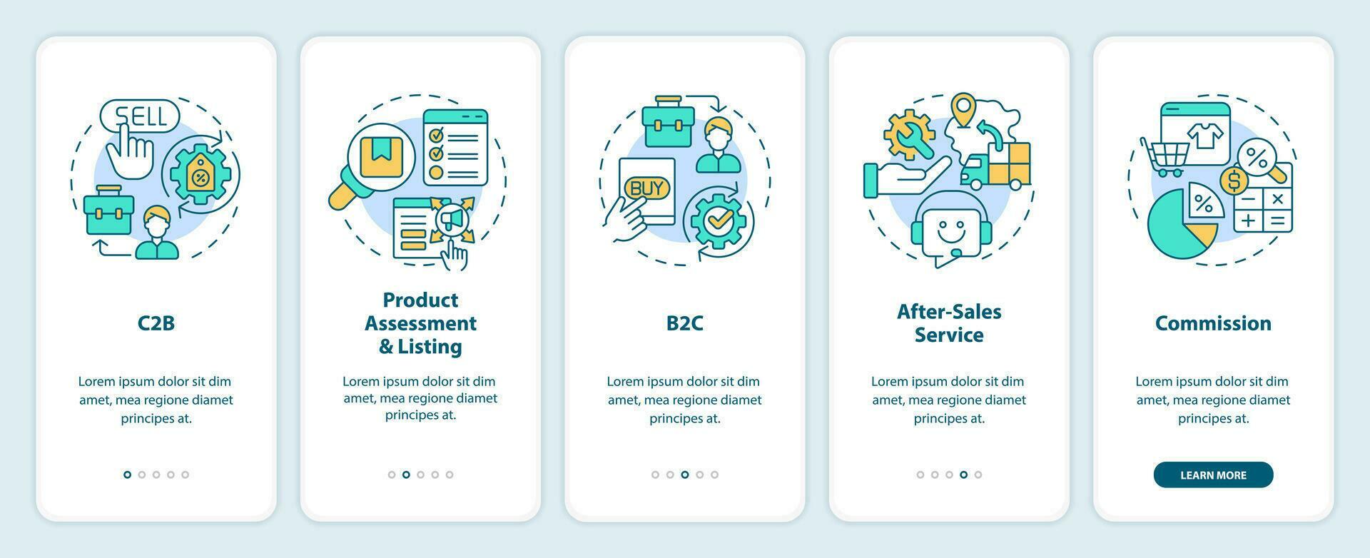 2D icons representing C2C mobile app screen set. Walkthrough 3 steps ...