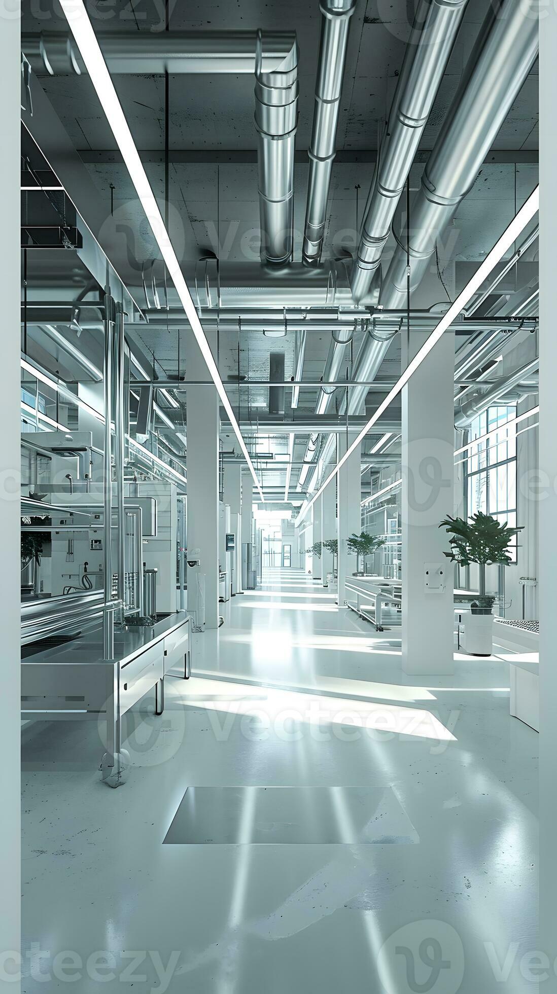 AI generated modern factory building interior design with pipes and ...