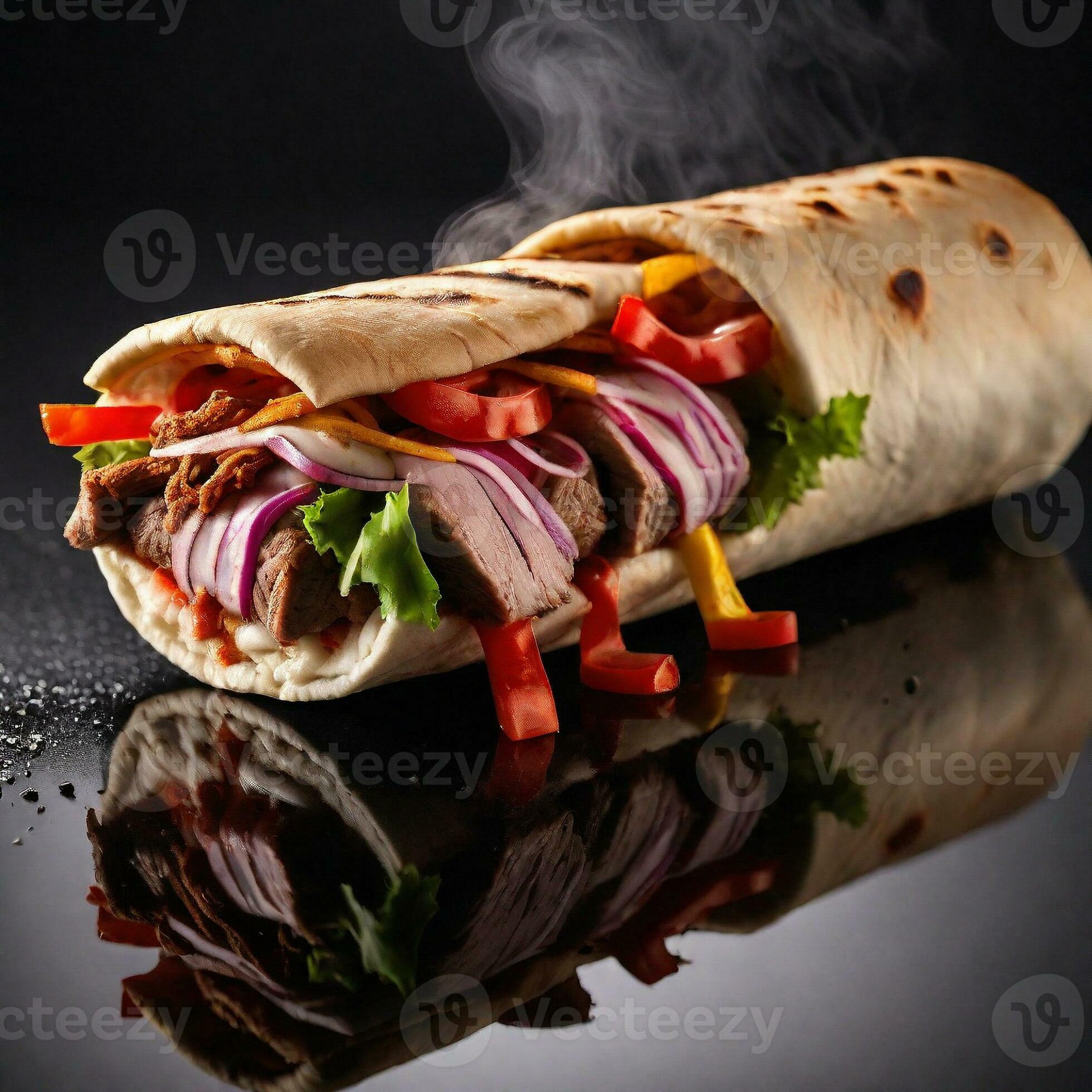 AI generated doner kebab dramatic studio lighting, on dark background ...