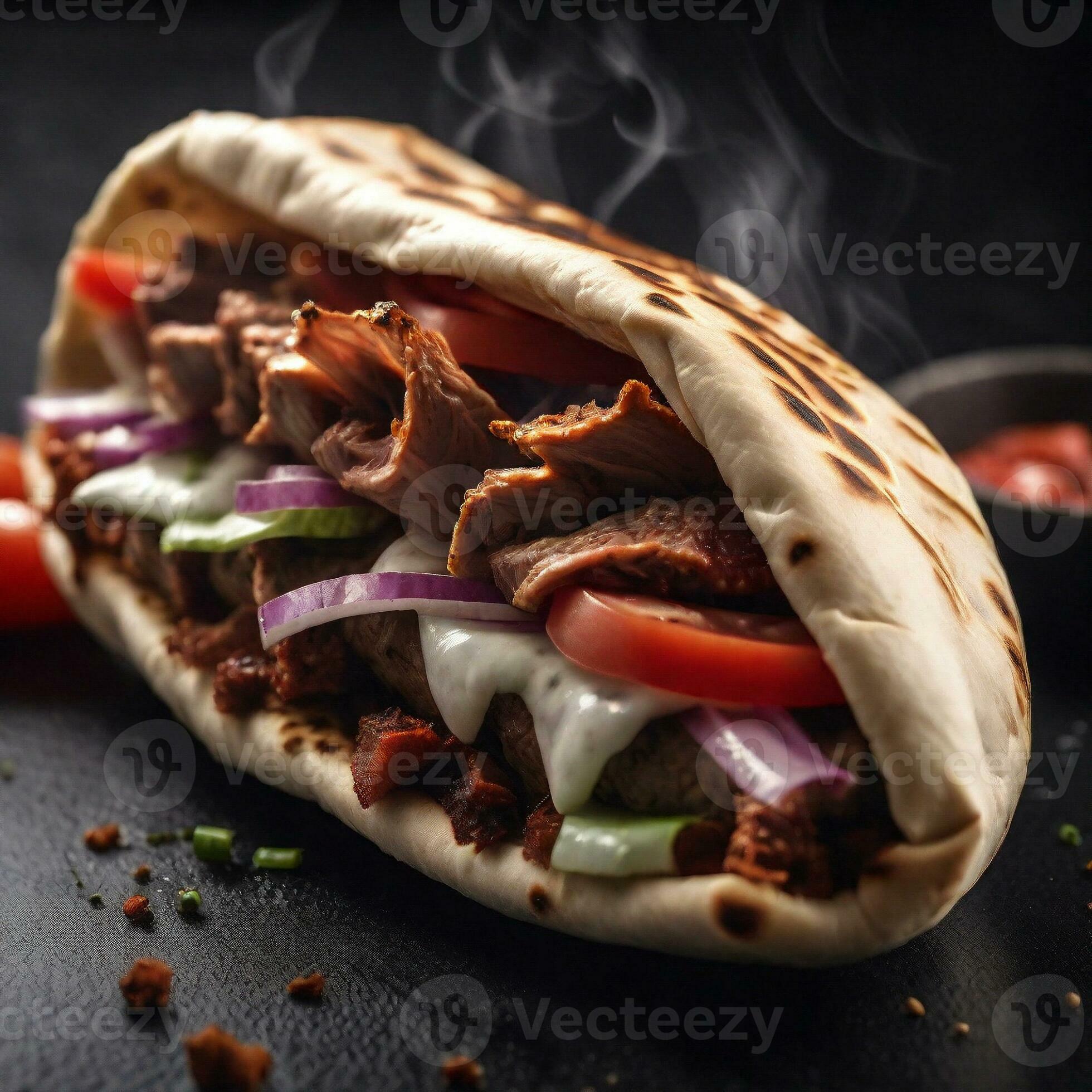 AI generated doner kebab dramatic studio lighting, on dark background ...