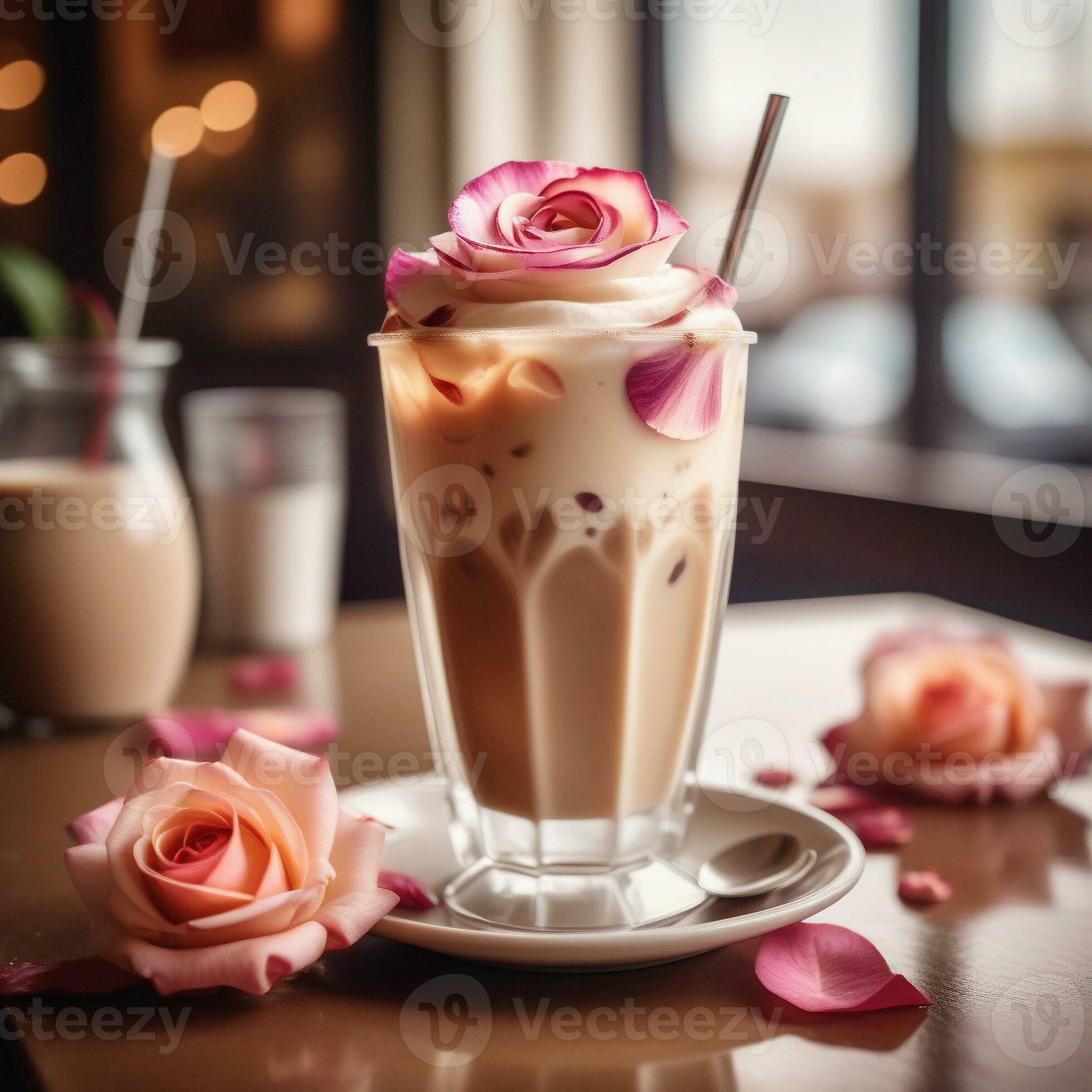 AI generated An exotic iced latte with espresso, cold milk, and a combination of rosewater and ...