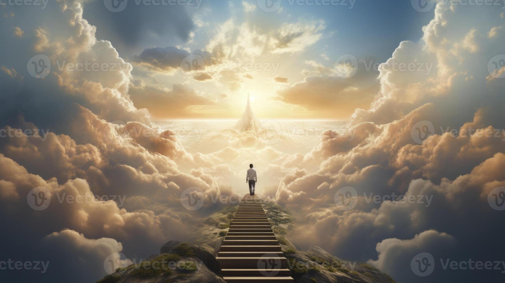 AI generated A man walking up the stairs to heaven 36095144 Stock Photo at Vecteezy