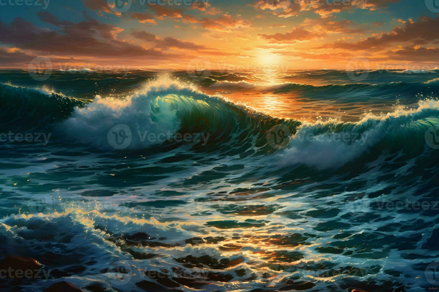 AI generated Ocean Wave. Sea water in crest shape. Sunset light and beautiful clouds on ...