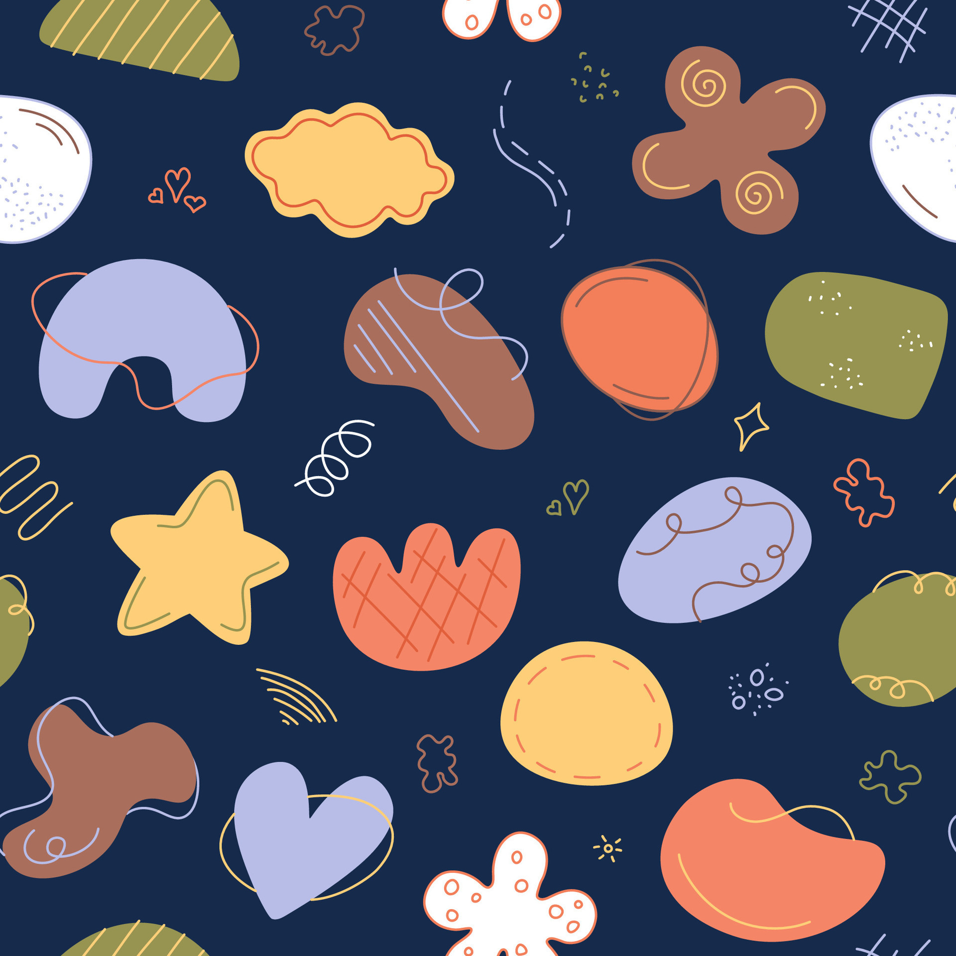 Abstract Shapes Pattern Vector Seamless Dark Blue Background With Hand Drawn Elements Trendy