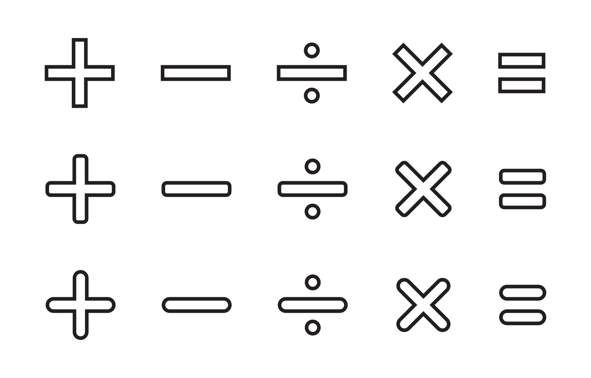 Basic Math Symbols Addition Subtraction Division Multiplication And Equality Icon Vector In