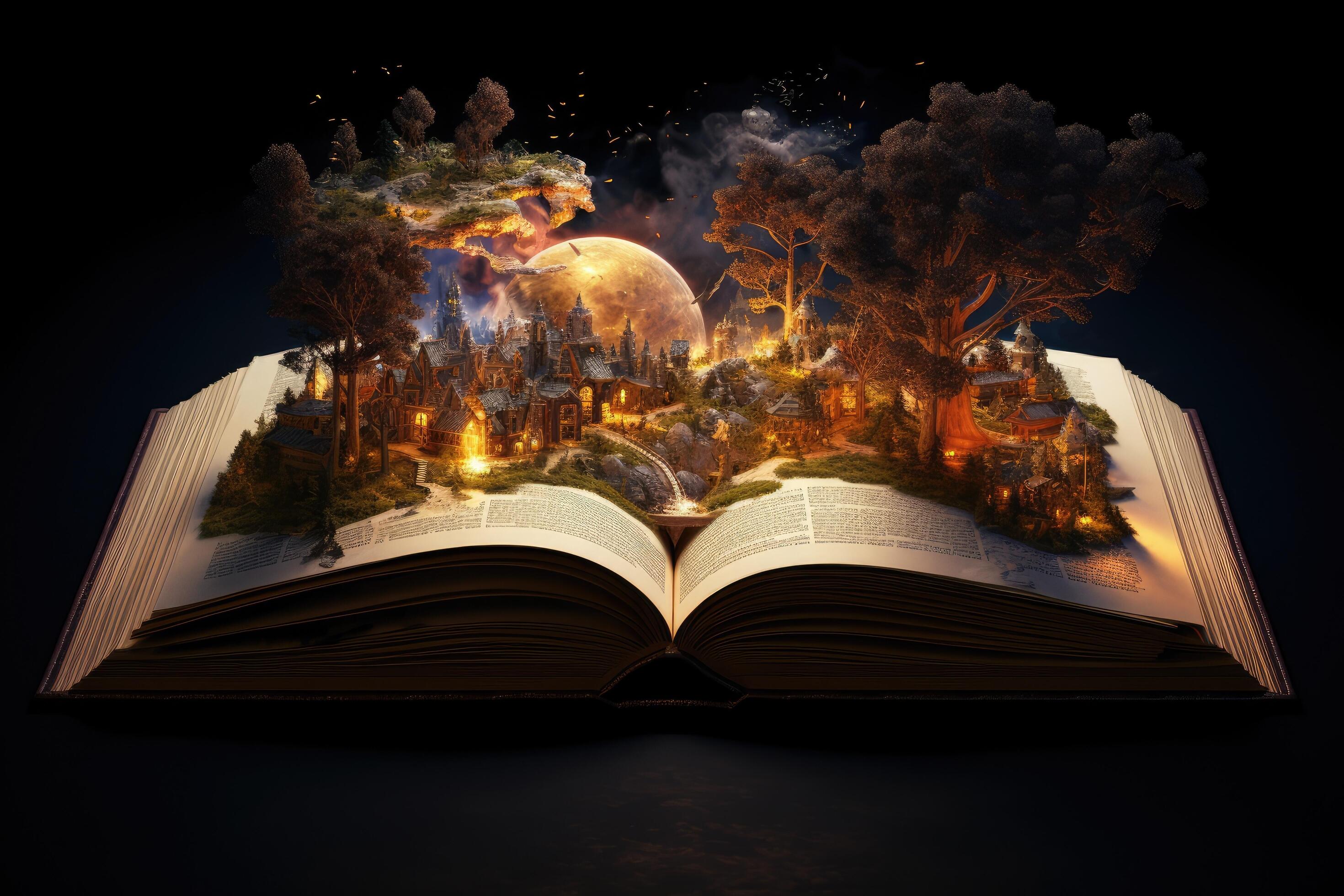 AI generated Book of magic with forest and moon. Halloween concept. 3D ...