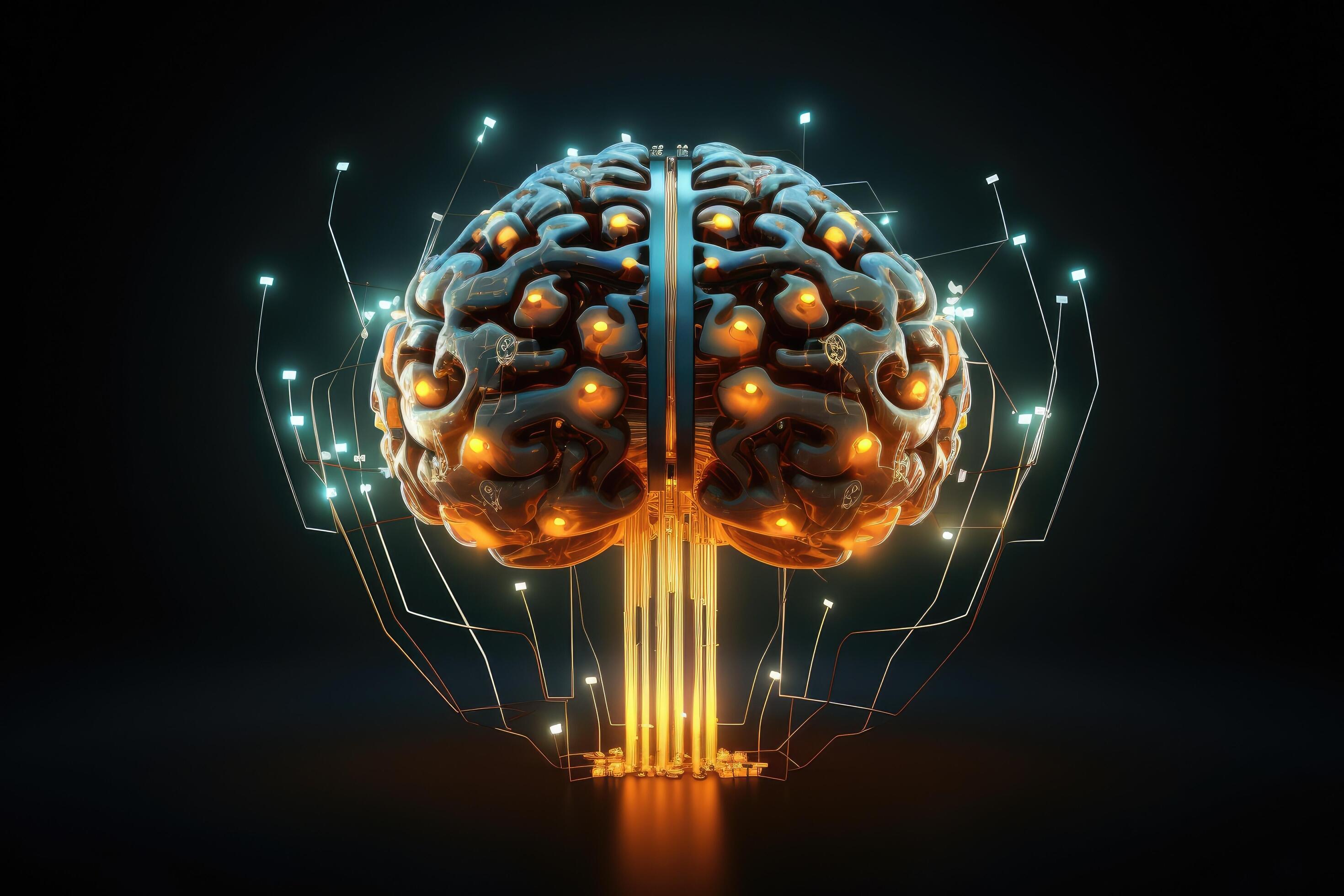 AI generated Human brain with glowing circuit on dark background. 3D Rendering, AI Generated ...
