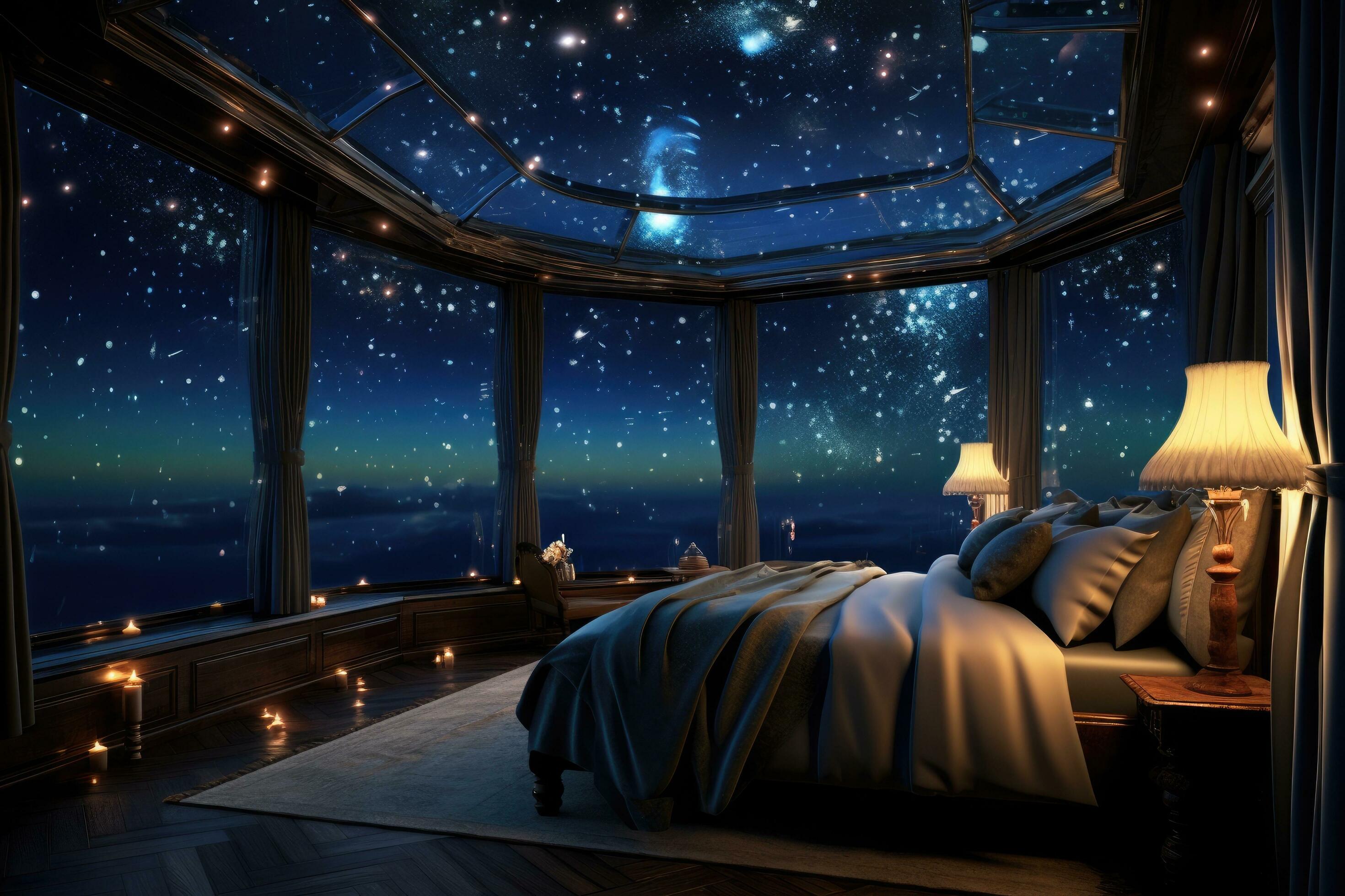 AI generated Luxury bedroom interior with big window and city view at night, AI Generated ...