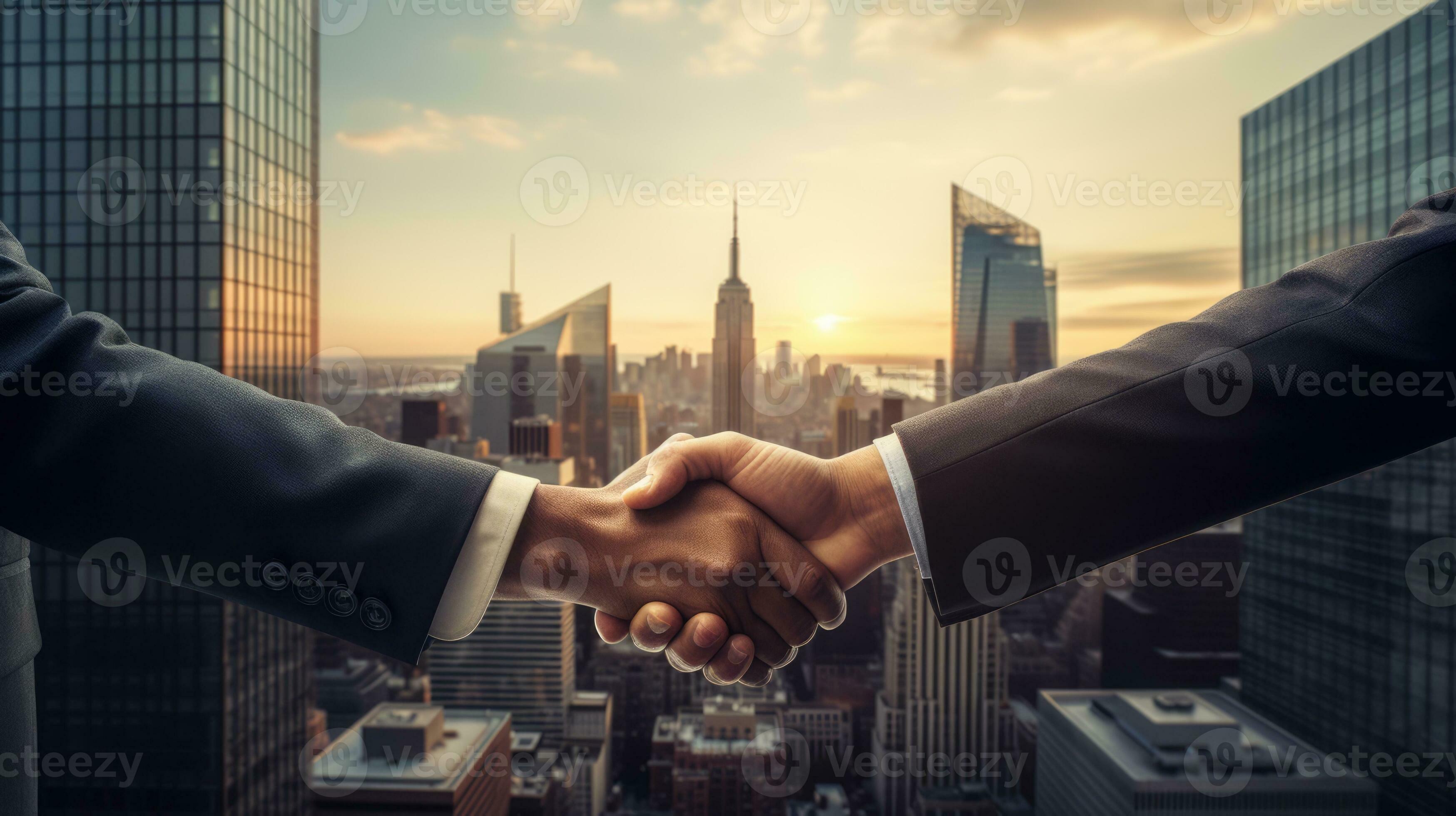 Business handshake. Successful partners shake hands. City downtown with ...