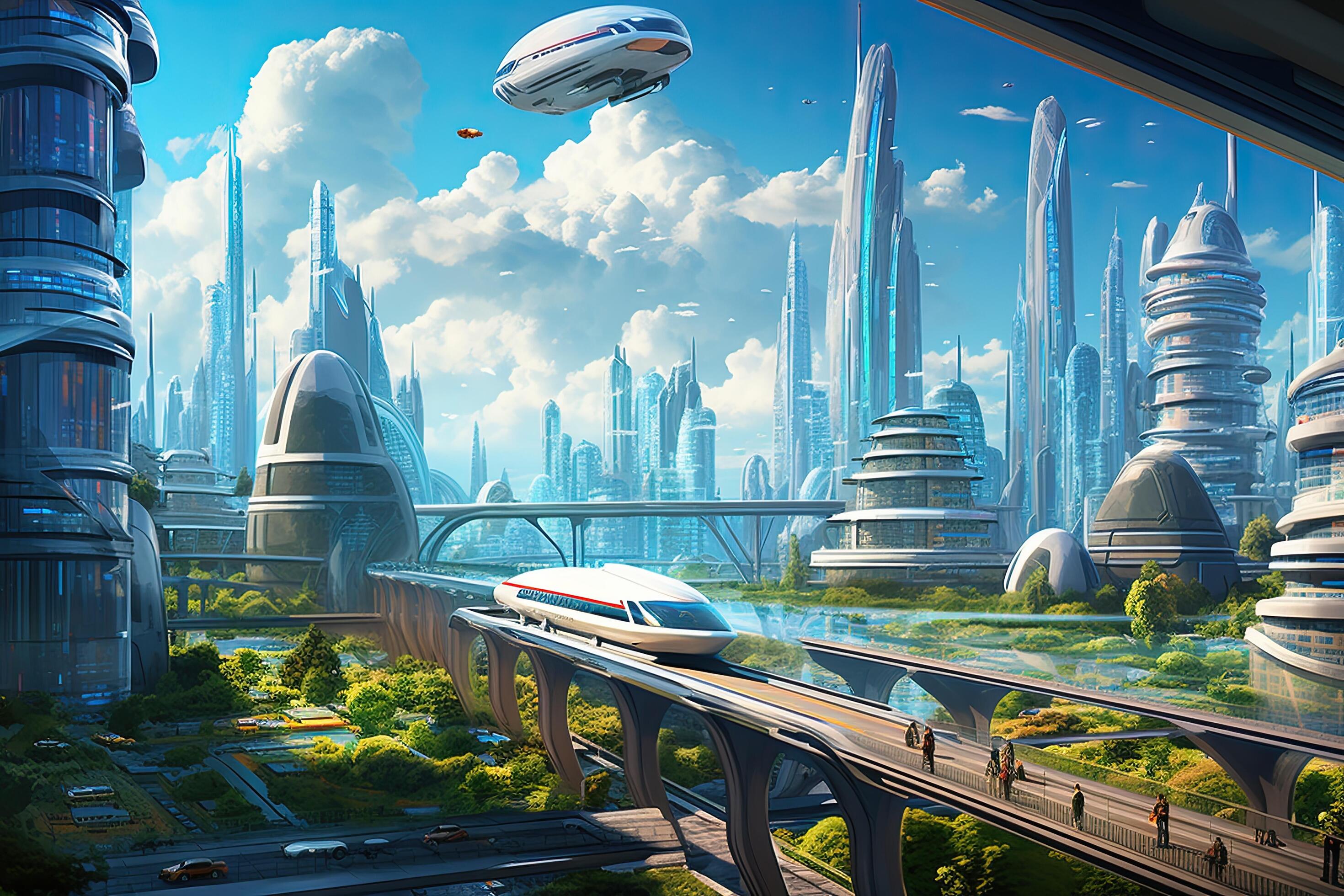 AI generated Future city with high-speed train in the sky. 3d rendering, AI Generated 36114791 ...