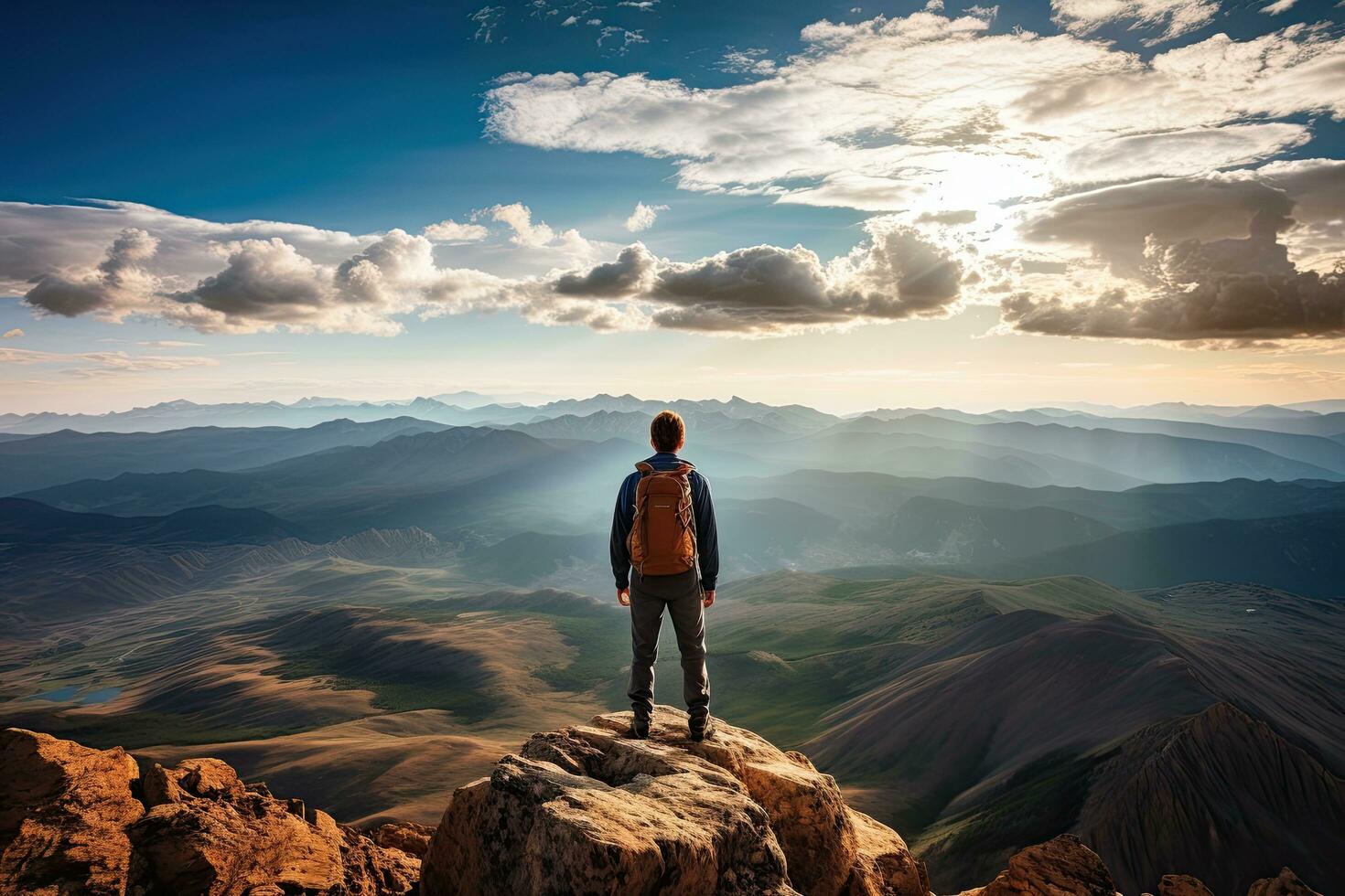 AI generated Man standing on the edge of a cliff and looking at the sunset, AI Generated ...