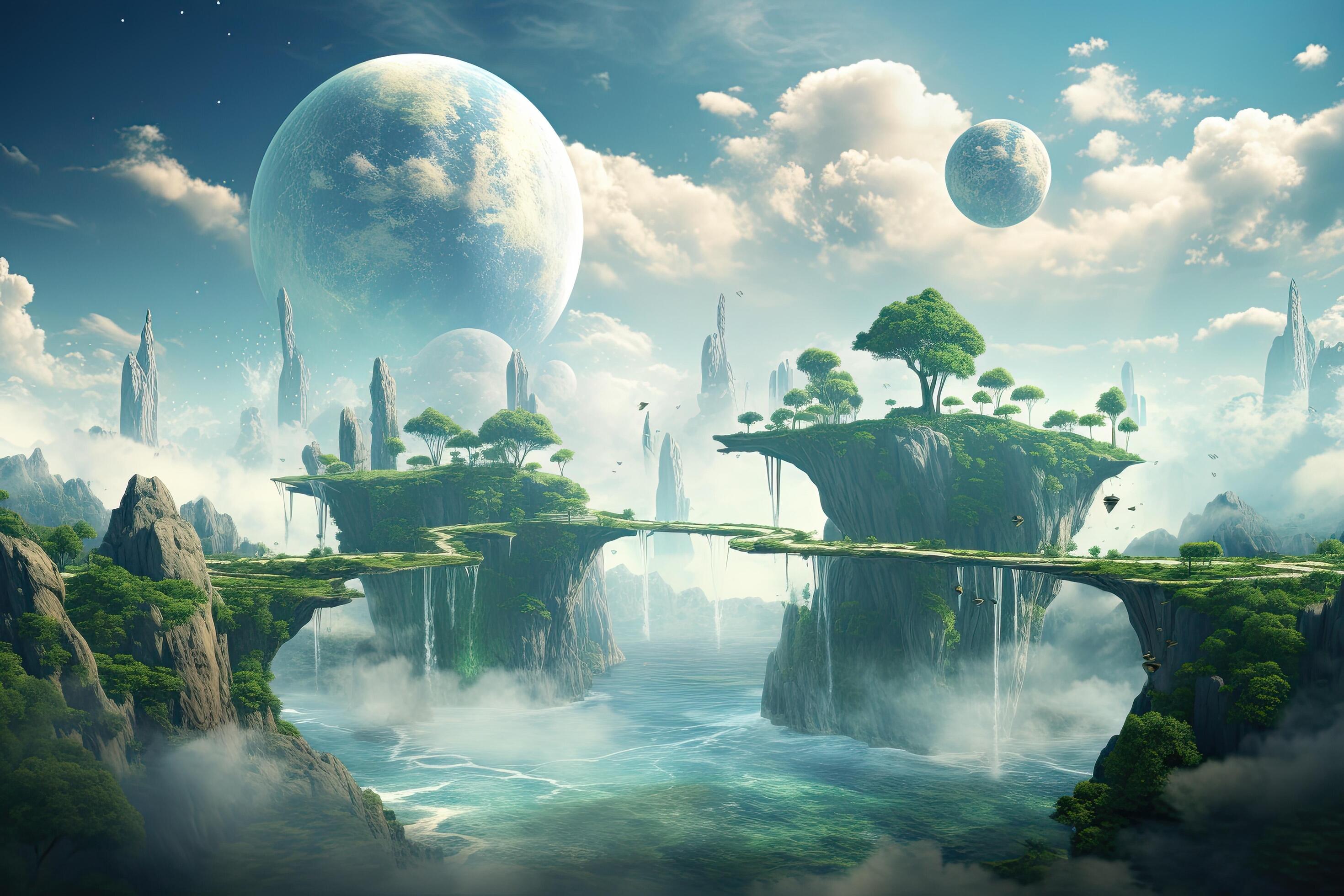 AI generated Fantasy landscape with planet. 3d illustration. Elements of this image furnished by ...