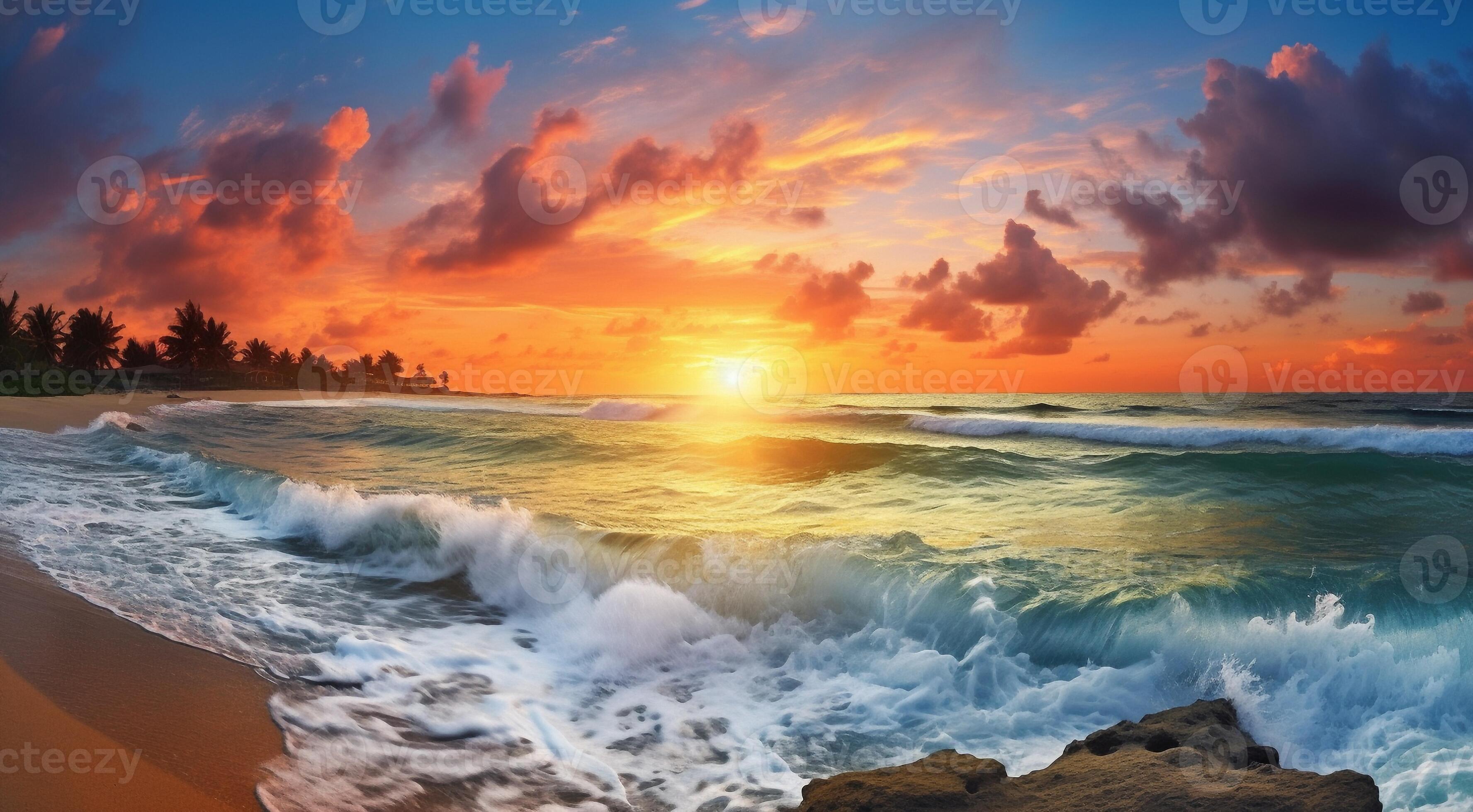 AI generated sunset over the ocean, sunset over the sea, fantastic sunset scene over the ocean ...