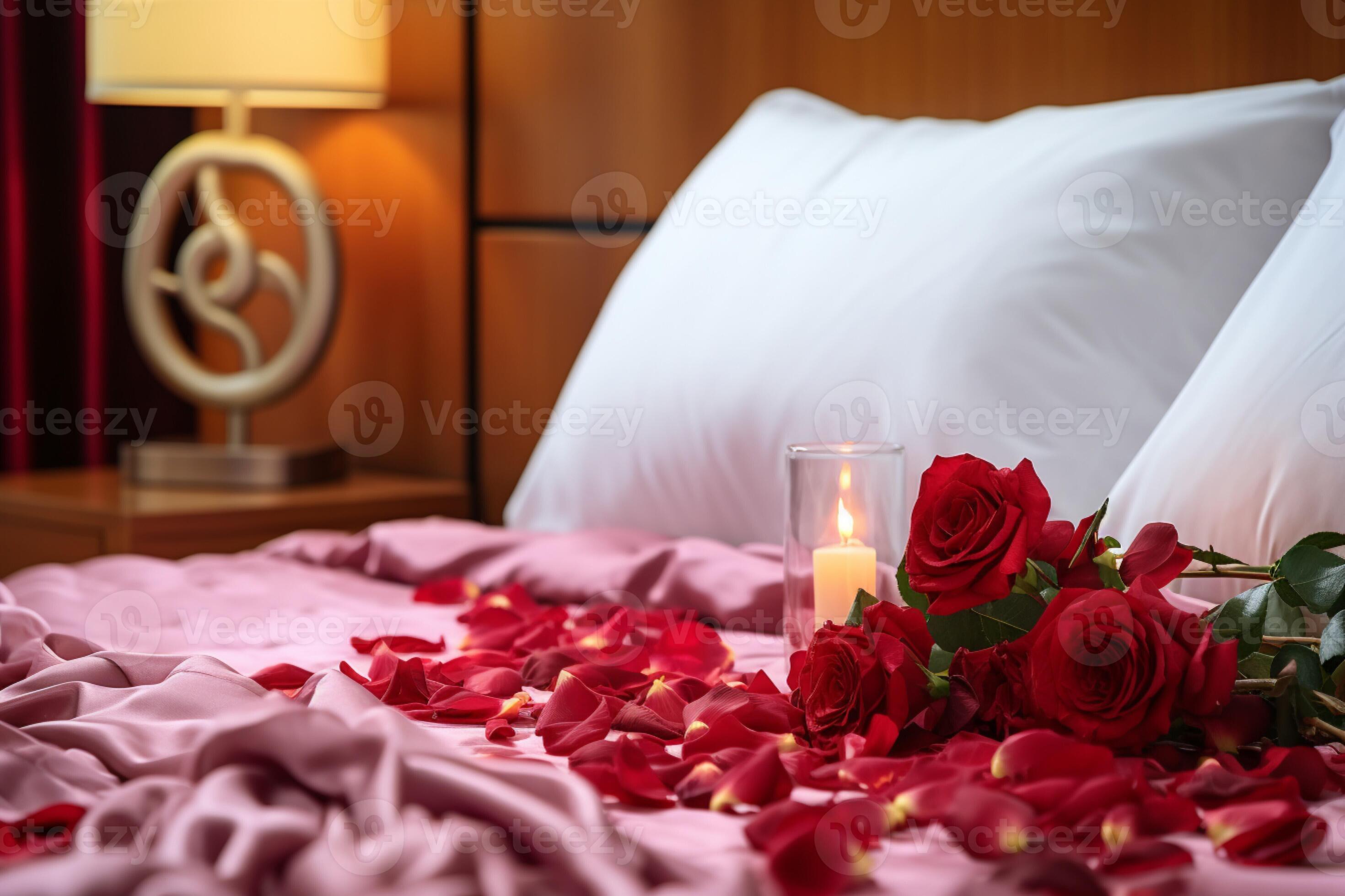 AI generated Hotel romance Bed adorned with rose petals creating a romantic setting AI Generated ...