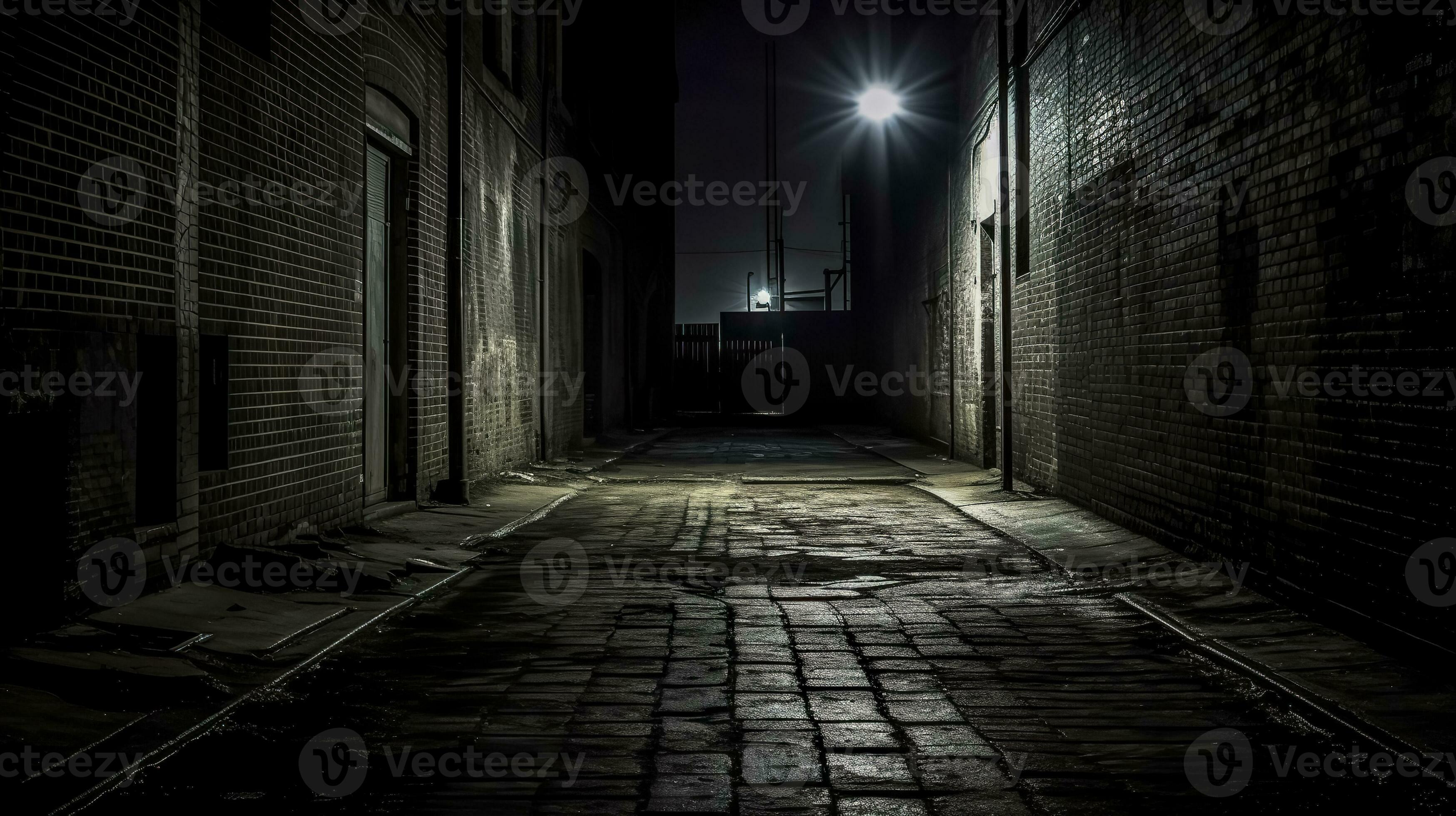 AI Generated dark, deserted alleyway at night, illuminated by a lone overhead light that casts a ...