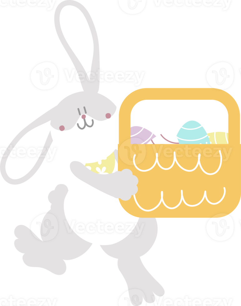 happy easter with bunny rabbit and basket of egg, flat png transparent element character design ...