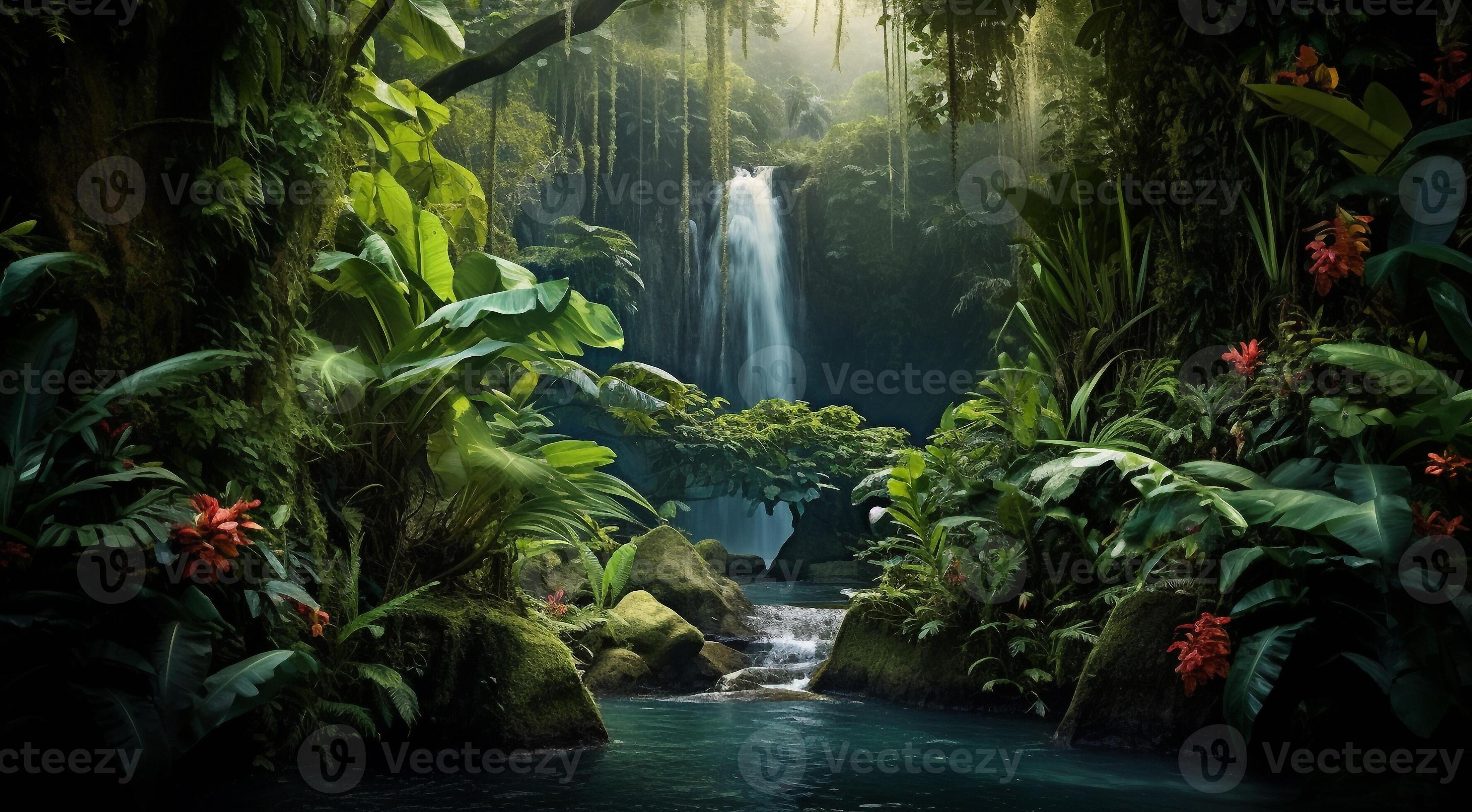 AI generated waterfall in forest, waterfall in the jungle, tropical landscape in the jungle ...