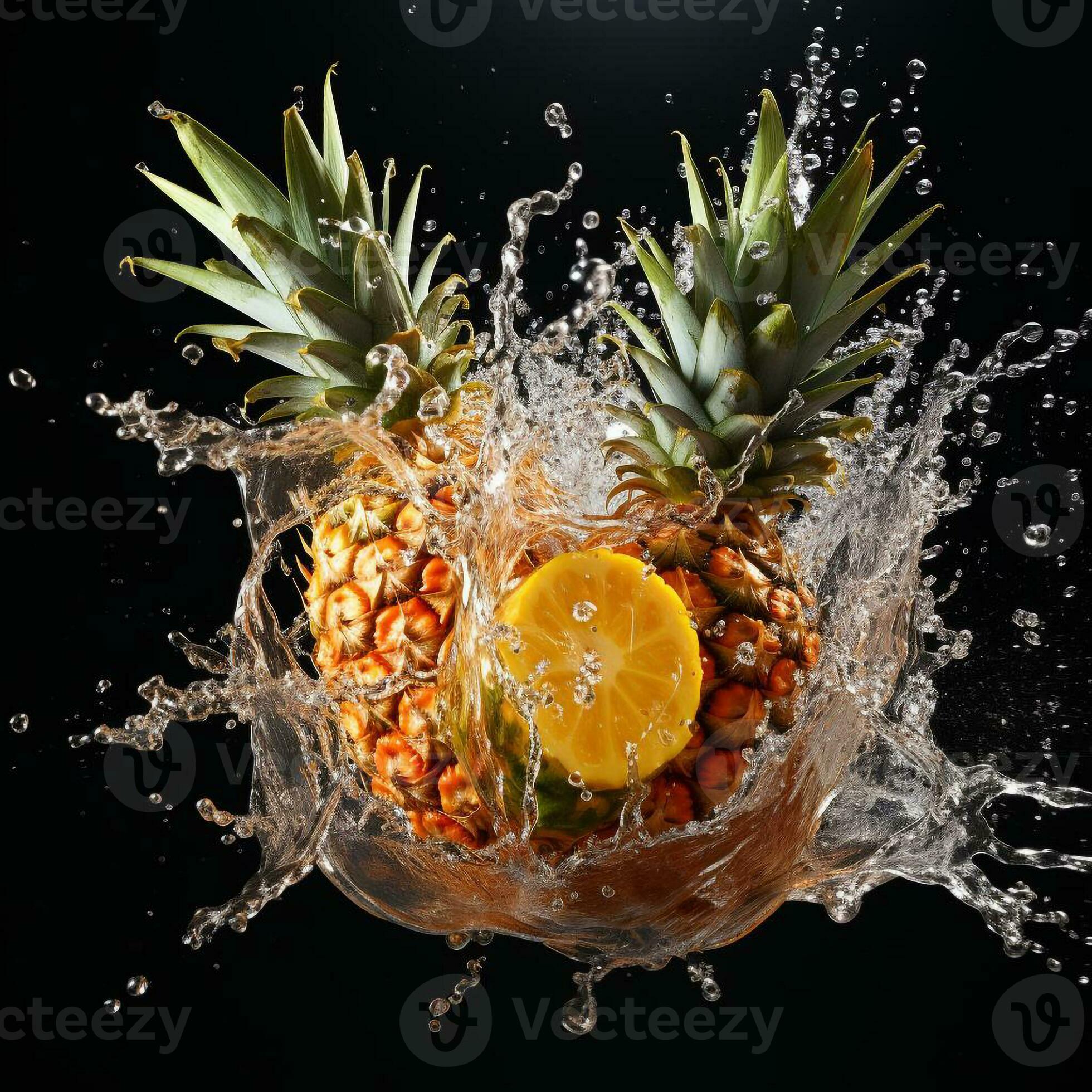 AI generated pineapple fell into the water with splashes black background 36128242 Stock Photo ...