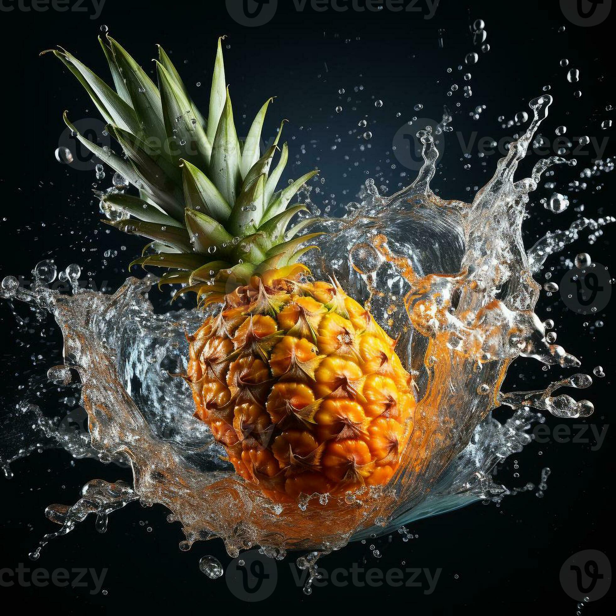AI generated pineapple fell into the water with splashes black background 36128339 Stock Photo ...