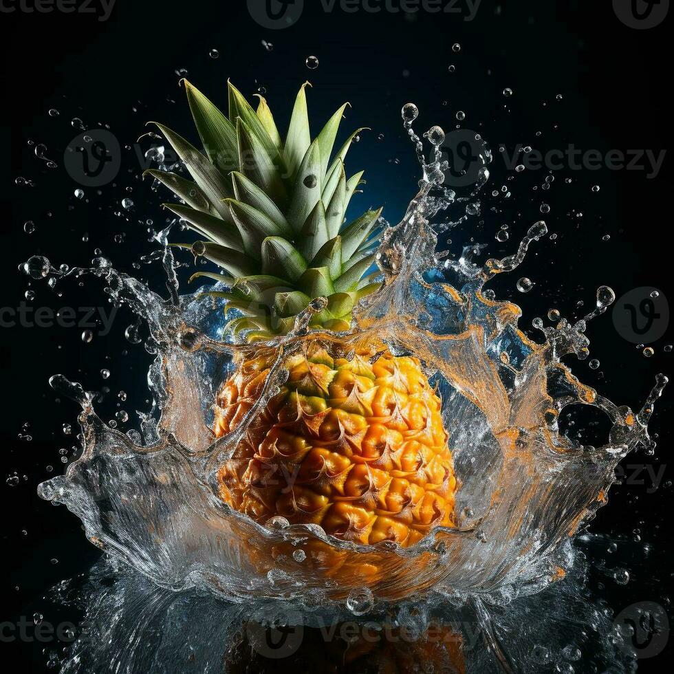 AI generated pineapple fell into the water with splashes black background 36128800 Stock Photo ...