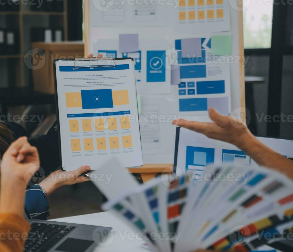 Close Up Ux Developer And Ui Designer Use Augmented Reality Brainstorming About Mobile App