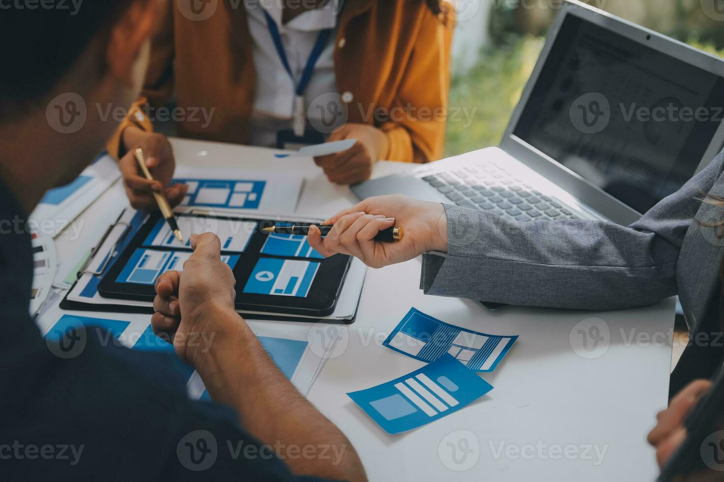 Close Up Ux Developer And Ui Designer Use Augmented Reality Brainstorming About Mobile App