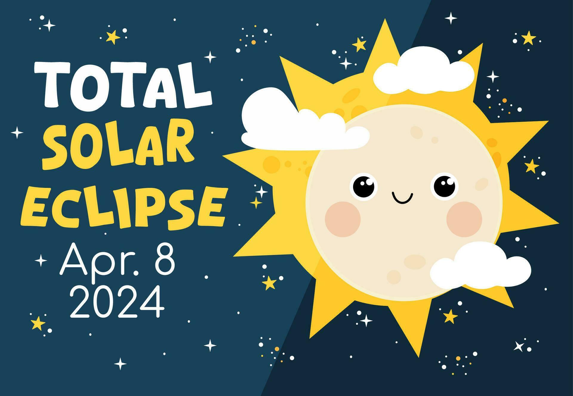 Total solar eclipse hand drawn banner. Vector moon cute character ...