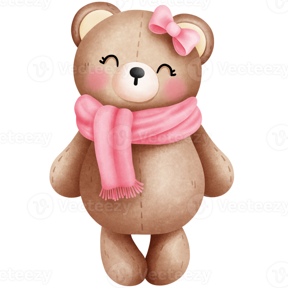 Watercolor valentine baby teddy bear in pink scarf and bow illustration ...