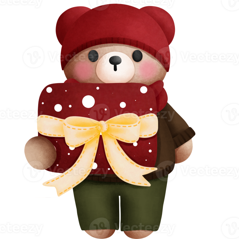 Watercolor teddy bear in christmas outfits with gift box clipart ...
