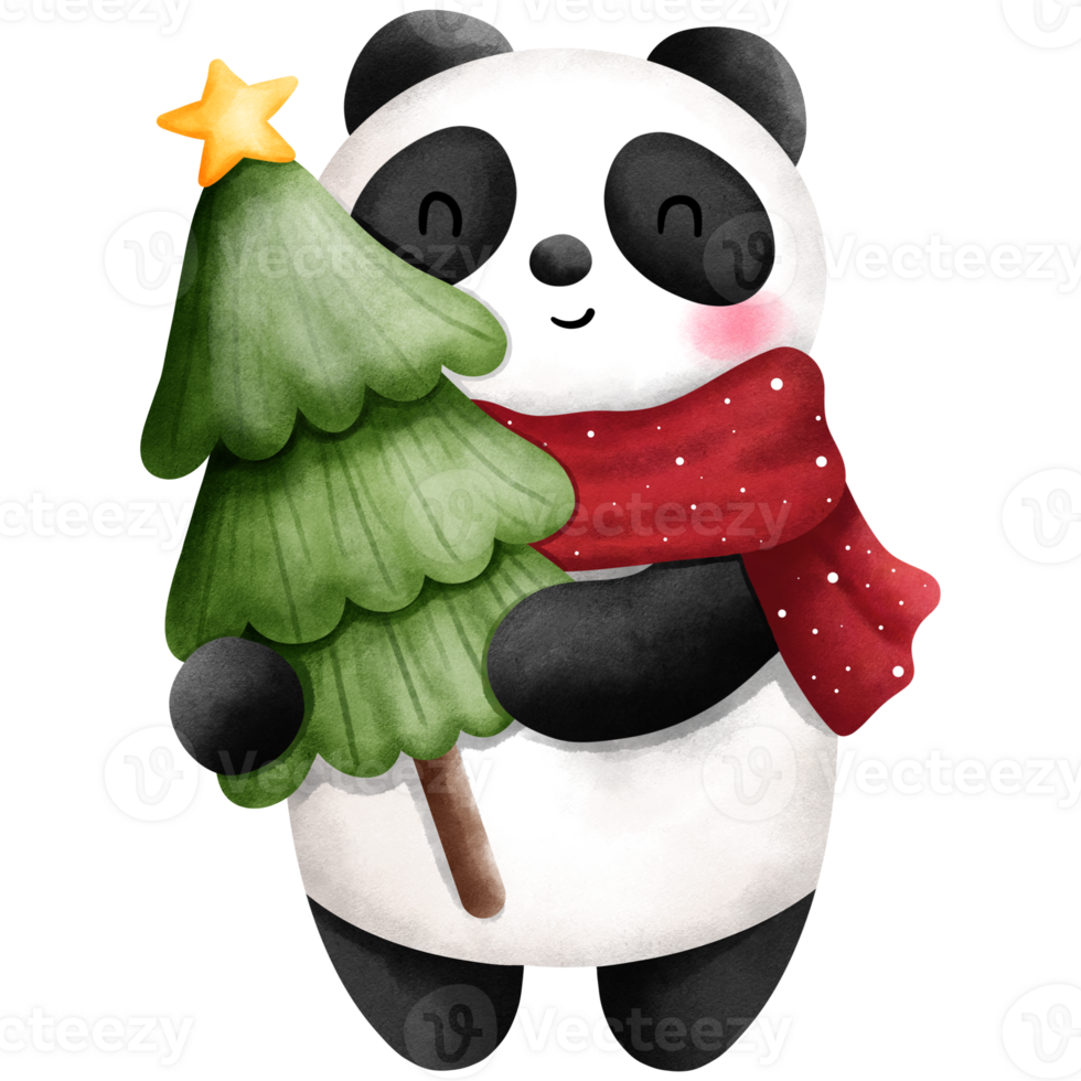 Watercolor happy baby panda with christmas tree illustration. Christmas ...