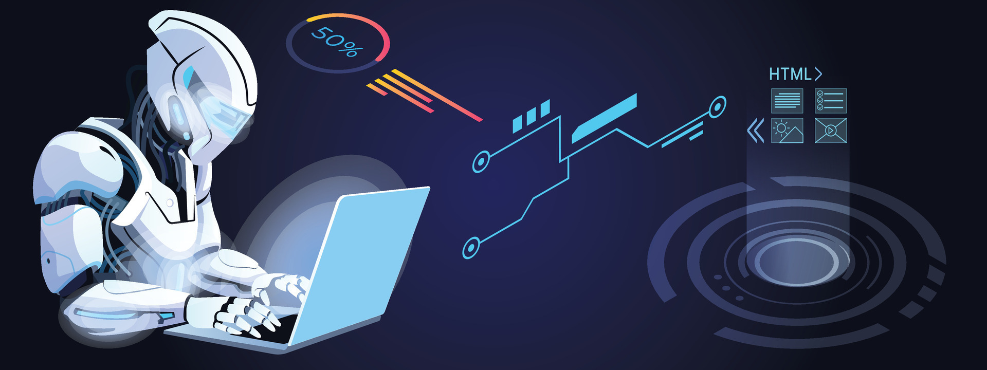 Male cyborg or robot with AI typing on a notebook. artificial intelligence in anthropomorphic ...