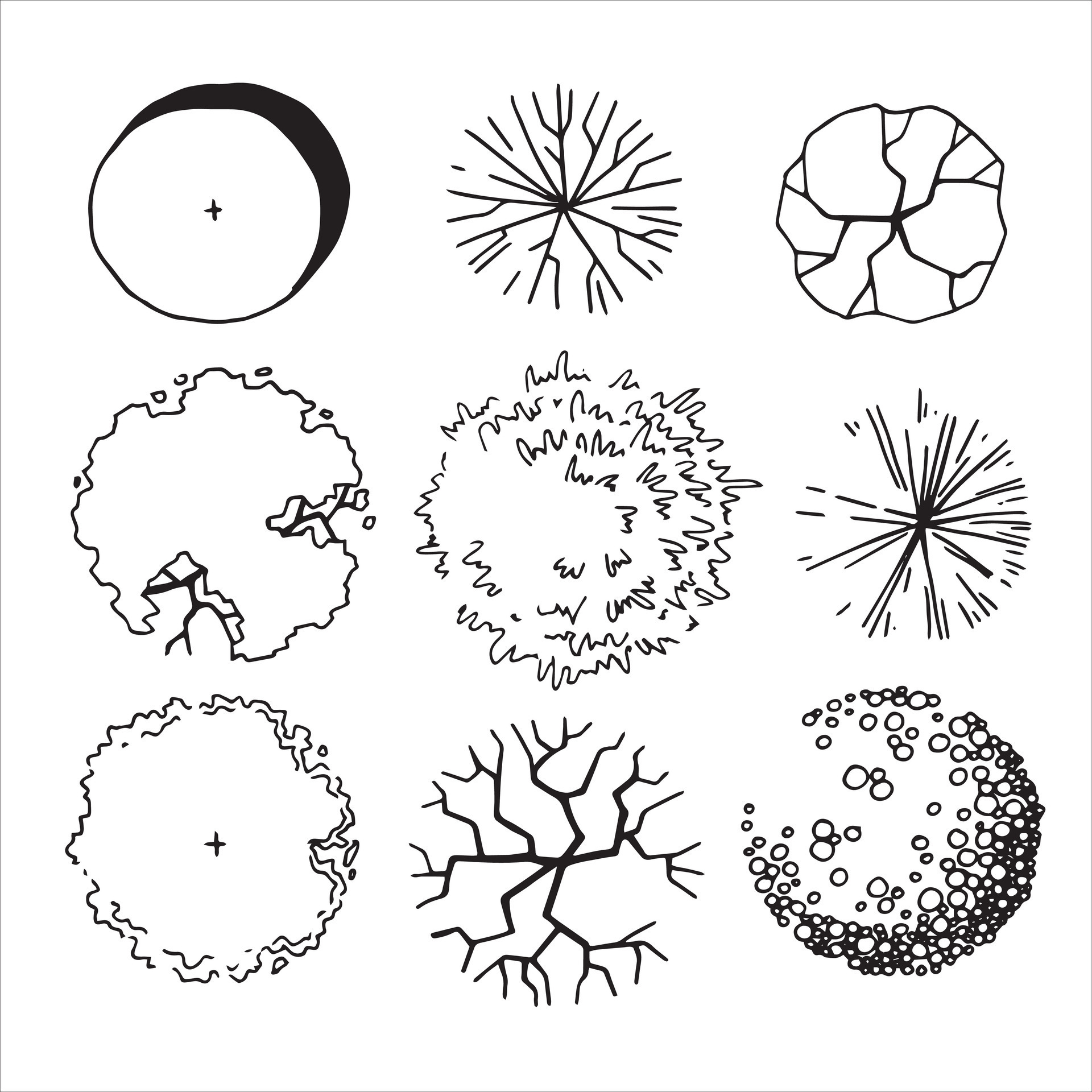 set of trees, hand drawing, top view. architectural ink drawing, vector ...