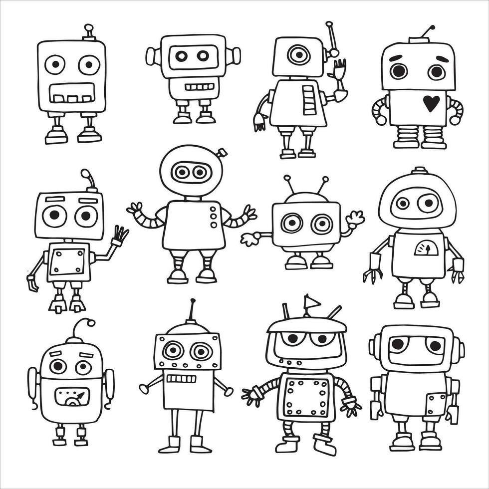 dibujo vectorial en estilo garabato. conjunto de lindos robots. dibujo ... dibujo vectorial en estilo garabato. conjunto de lindos robots. dibujo ...