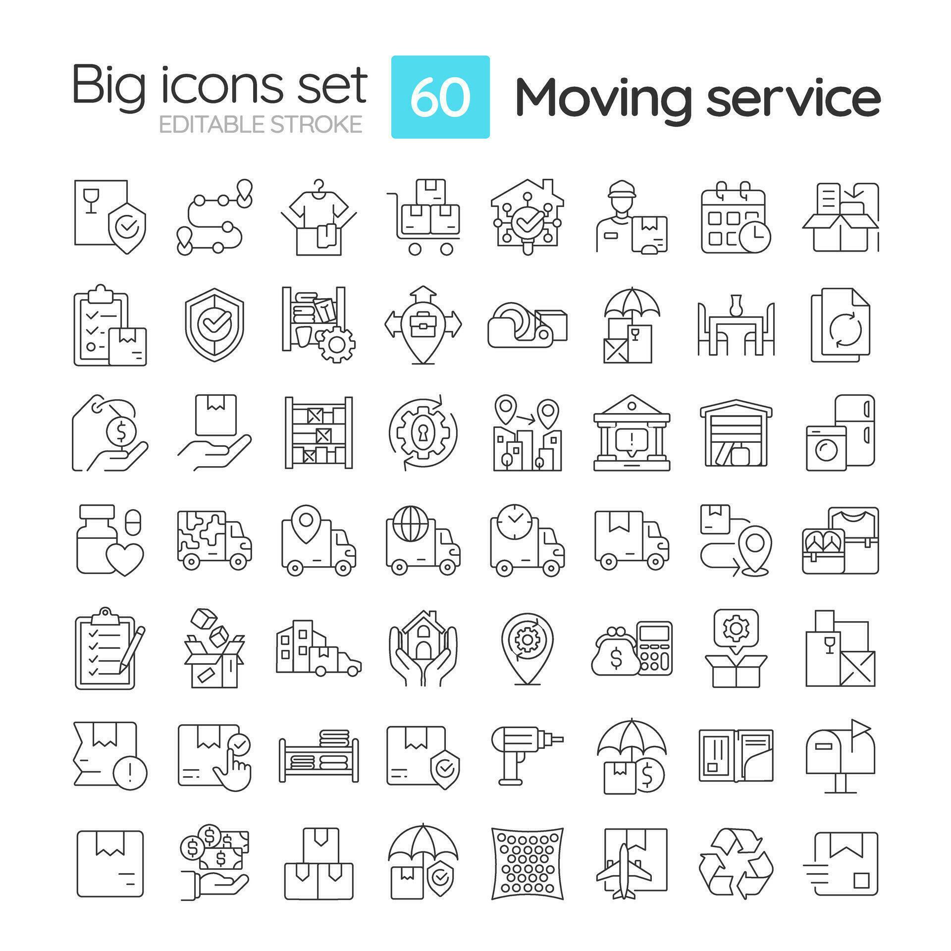 2d Editable Black Big Thin Line Icons Set Representing Moving Service Isolated Vector Linear