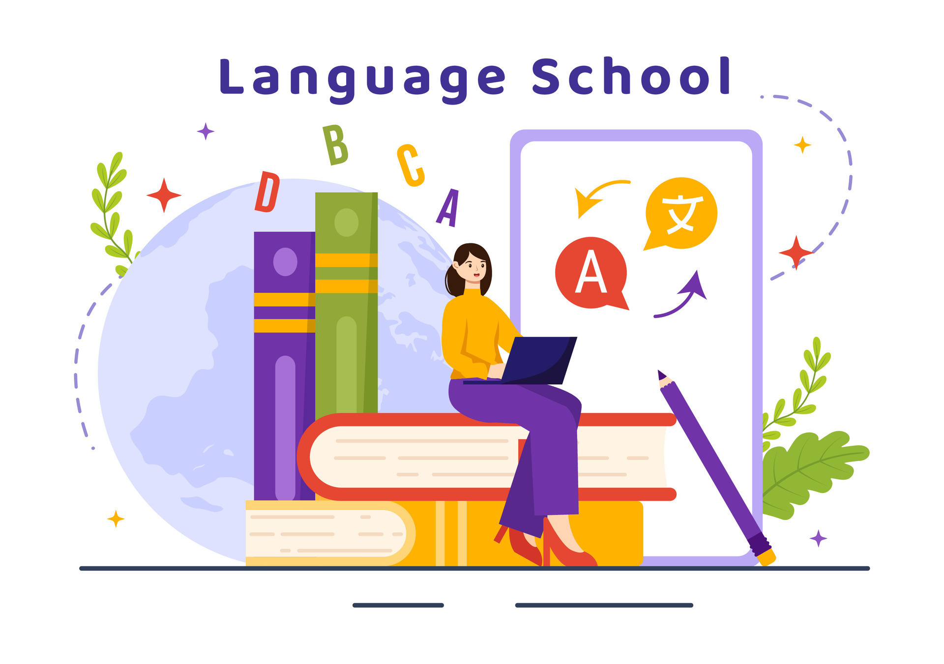 Language School Vector Illustration of Online Learning, Courses ...
