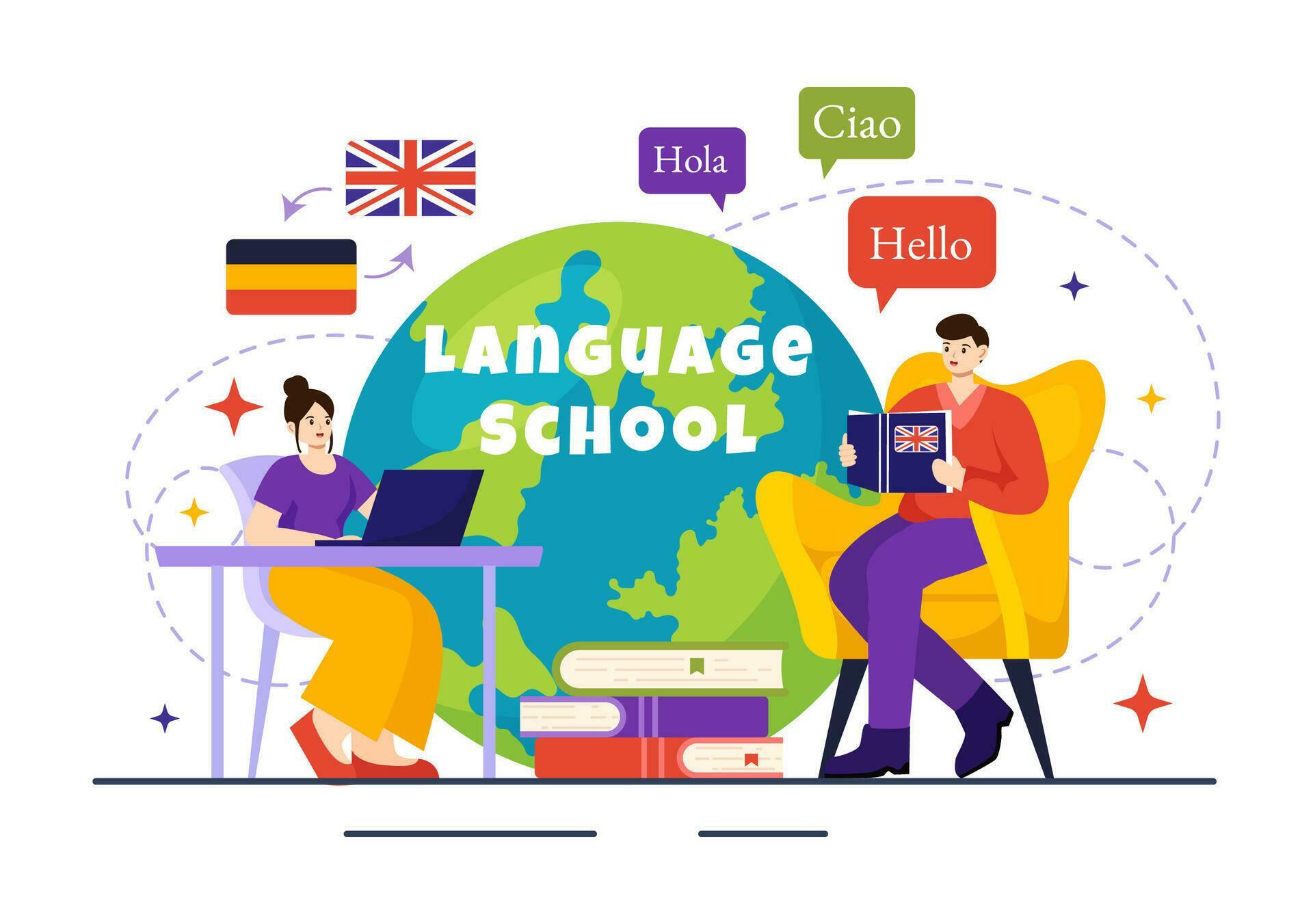 Language School Vector Illustration of Online Learning, Courses ...