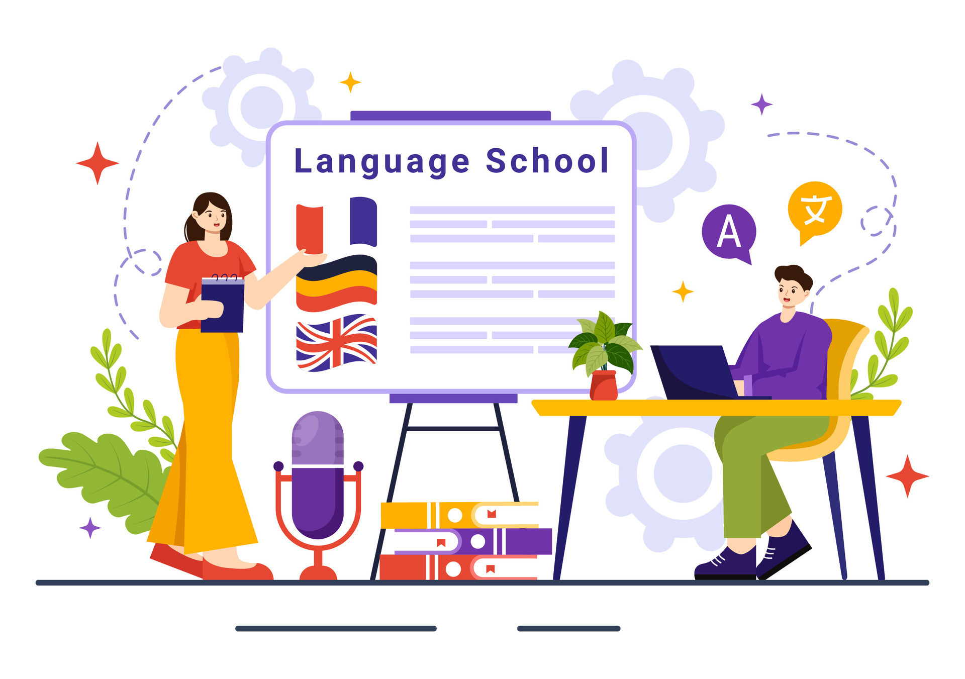 Language School Vector Illustration of Online Learning, Courses ...