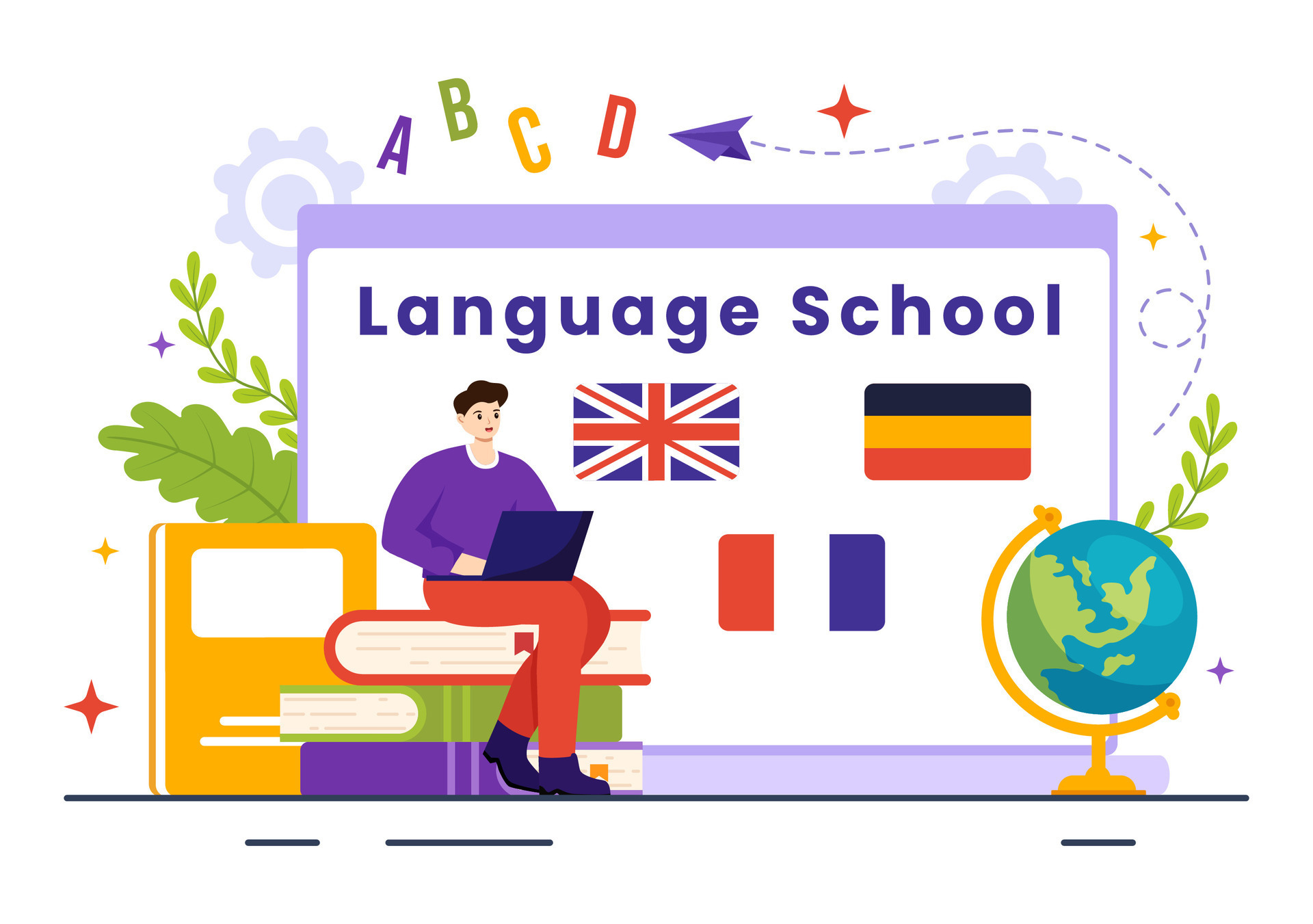 Language School Vector Illustration of Online Learning, Courses ...