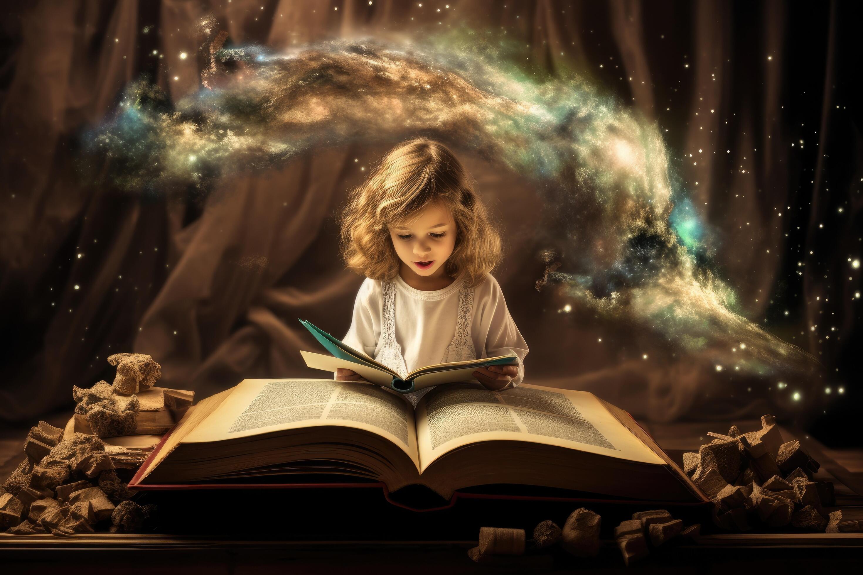 AI generated Little boy reading a magic book. Fairy tale concept. Dark ...