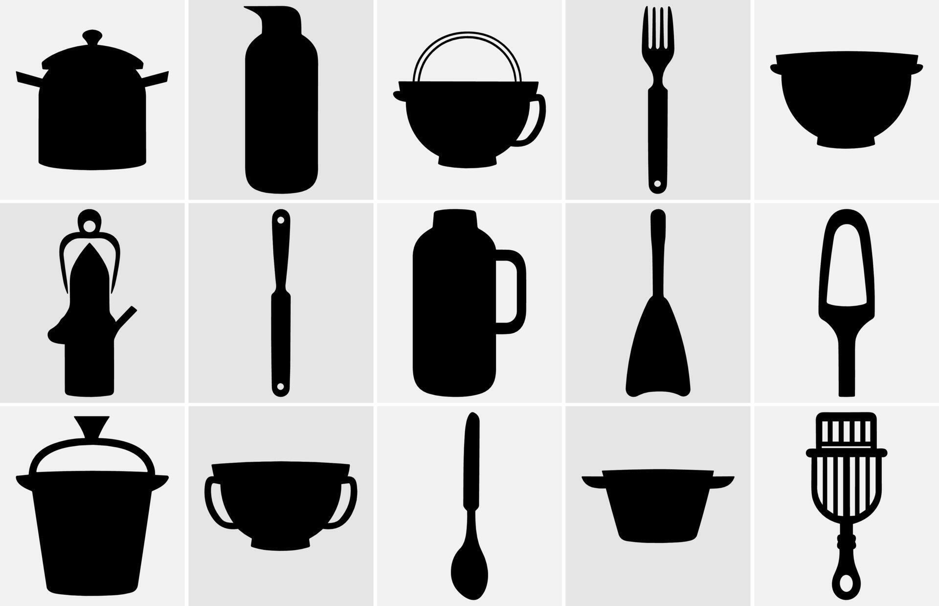 Kitchen tools silhouette, Kitchen utensils silhouette-Vector Silhouette ...