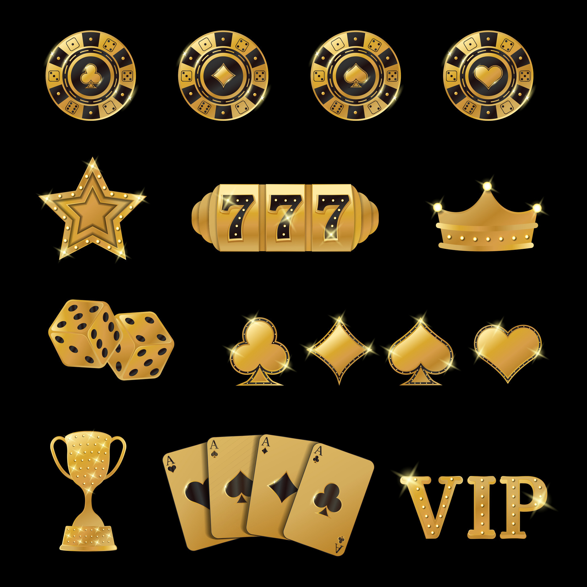 Casino icon set. Classic Vegas jackpot symbol, chips, playing cards, award, crown, slot machine ...