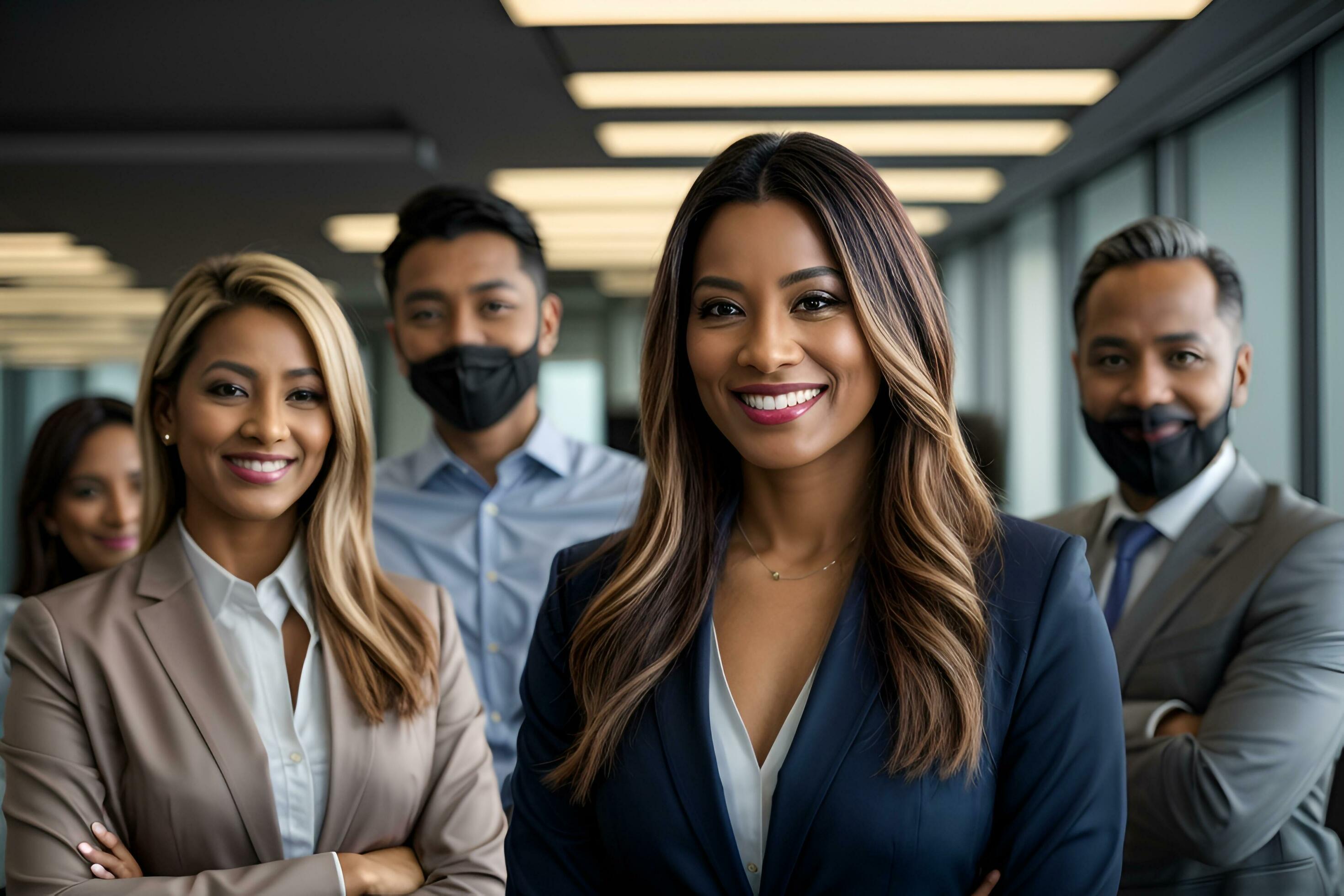 AI generated Smiling confident business leader looking at camera and standing in an office at ...