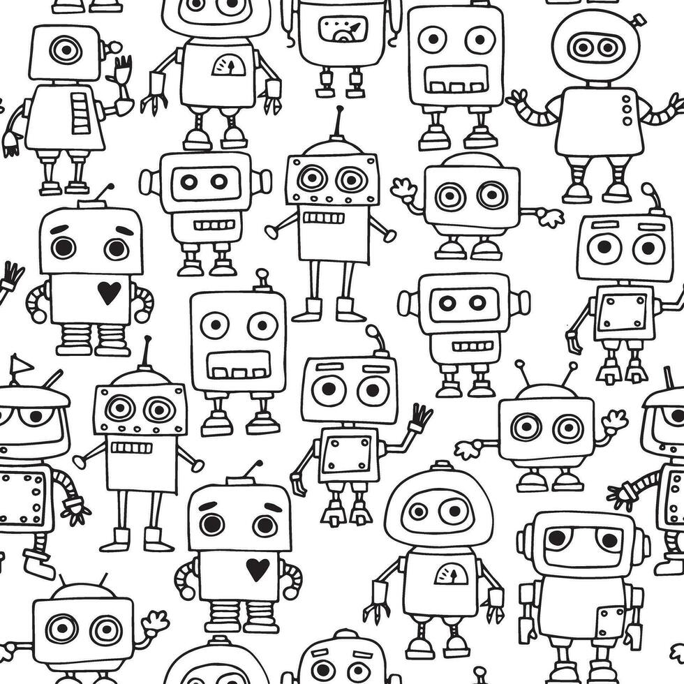 vector seamless pattern. drawings in doodle style. cute robots, simple ...