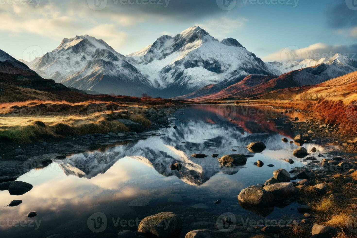 AI generated Snow capped peaks reflected in mountain lake, sunrise and ...